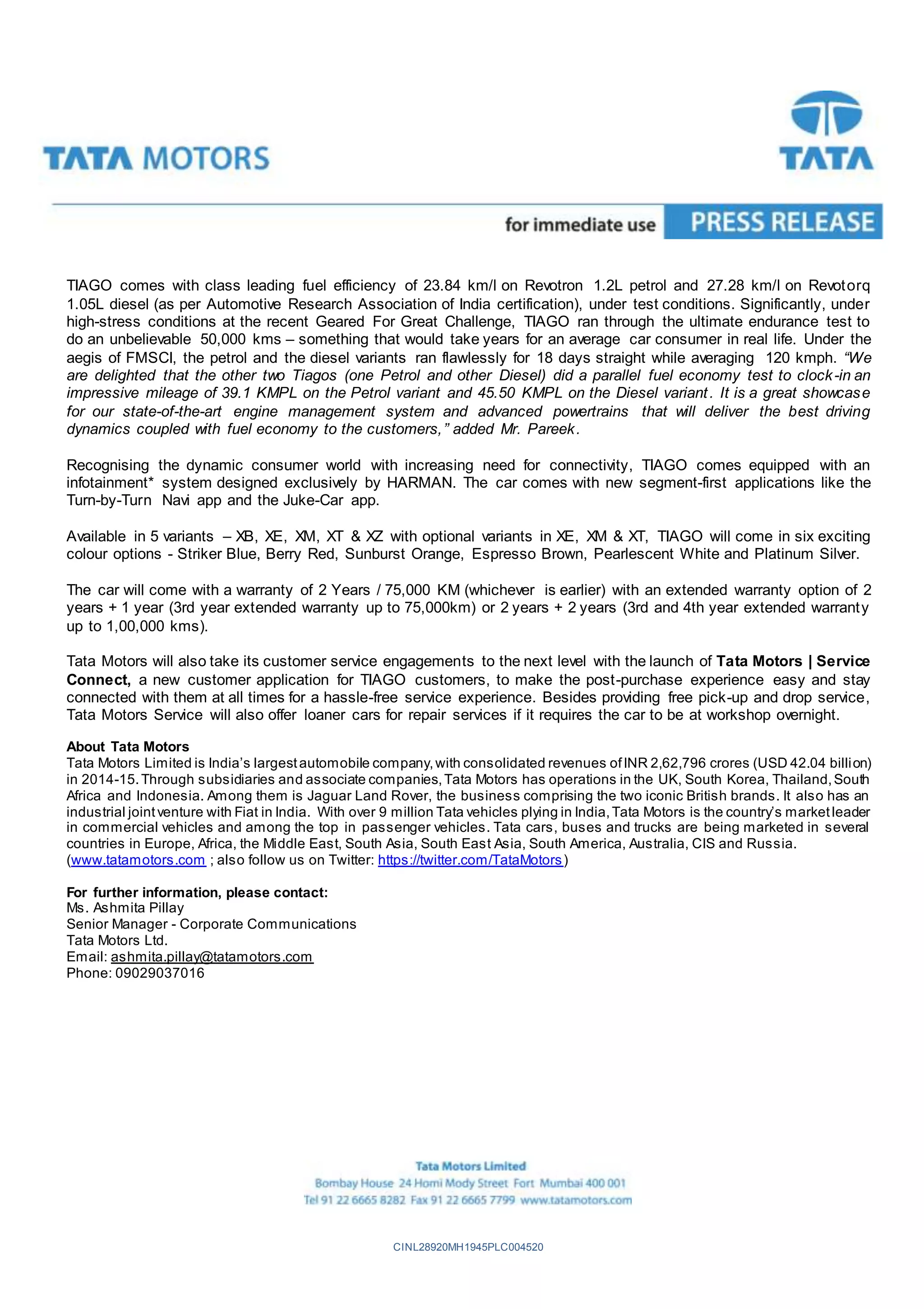 Tata Tiago Launch Press Release | PDF