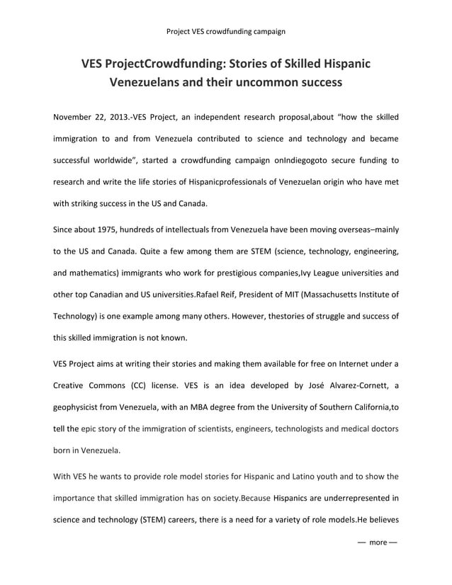 VES CROWDFUNDING PRESS RELEASE #1 | DOCX