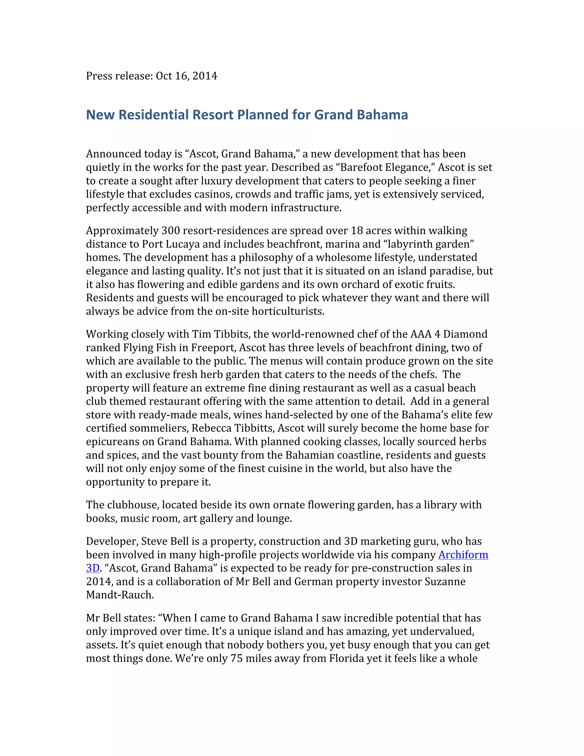 Press Release on new development in Freeport, Bahamas | PDF