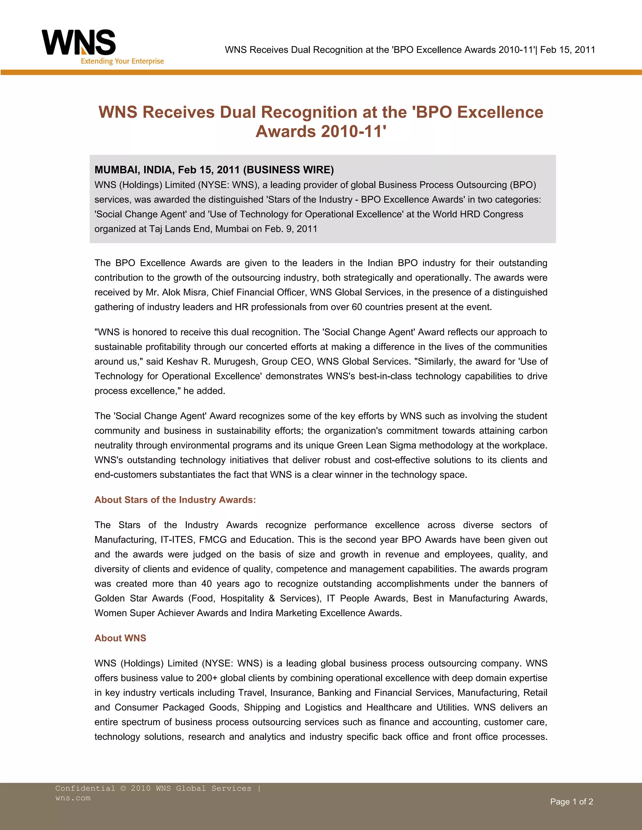 WNS Receives Dual Recognition at the 'BPO Excellence Awards 2010-11' | PDF