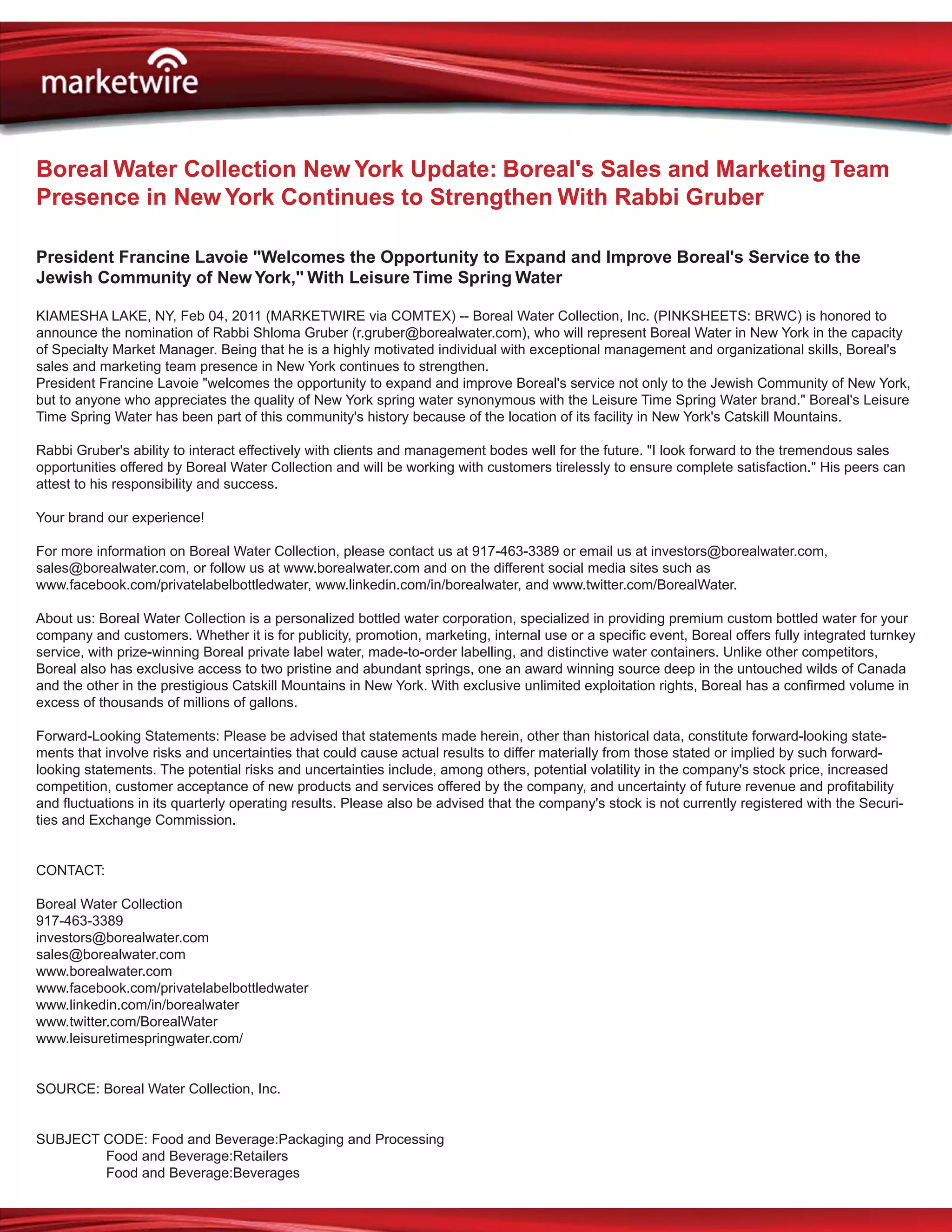 Boreal Water Collection New York Update: Boreal's Sales and Marketing ...