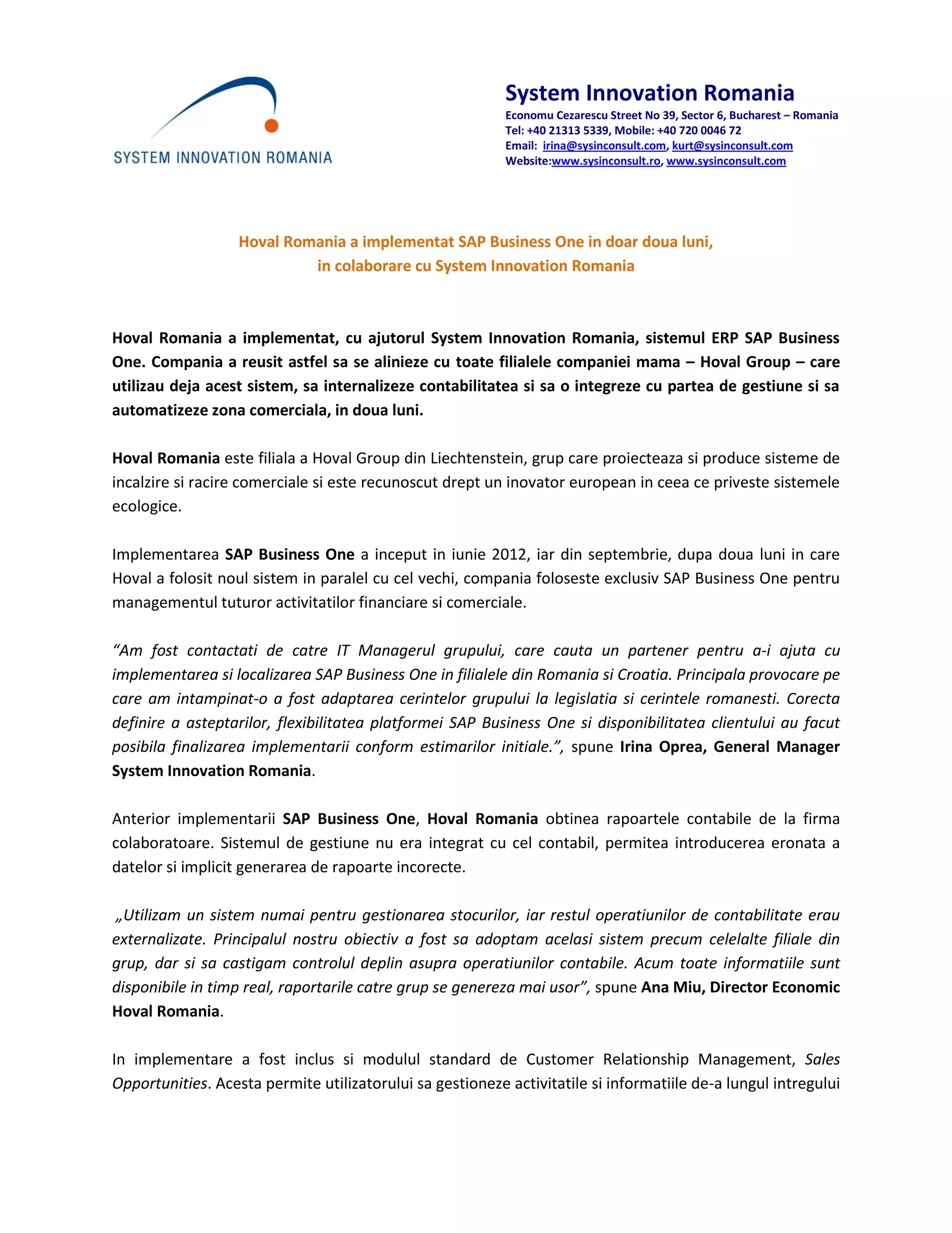 Hoval Romania a implementat SAP Business One in doar doua luni, in ...