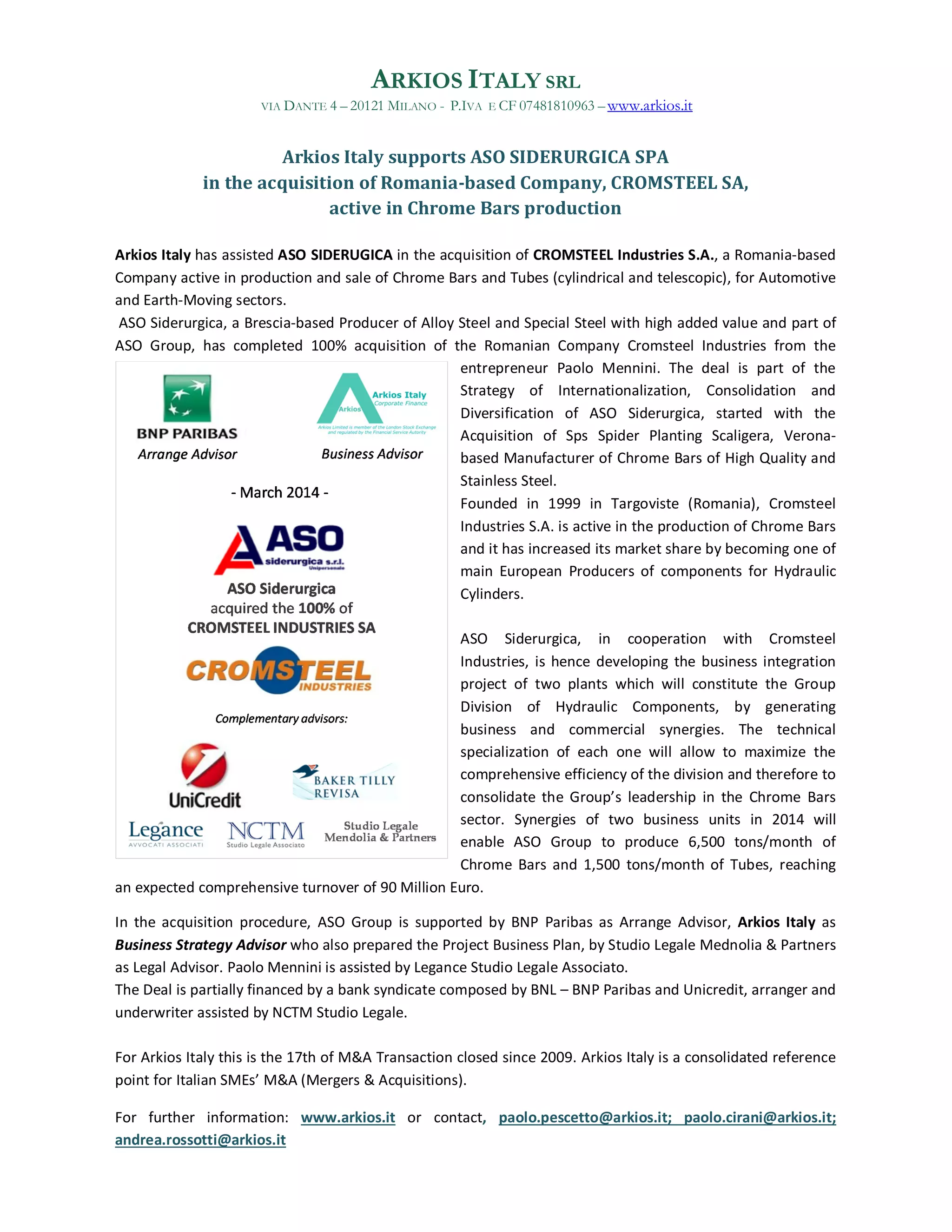 Arkios Italy supports ASO SIDERURGICA SPA in the acquisition of ...