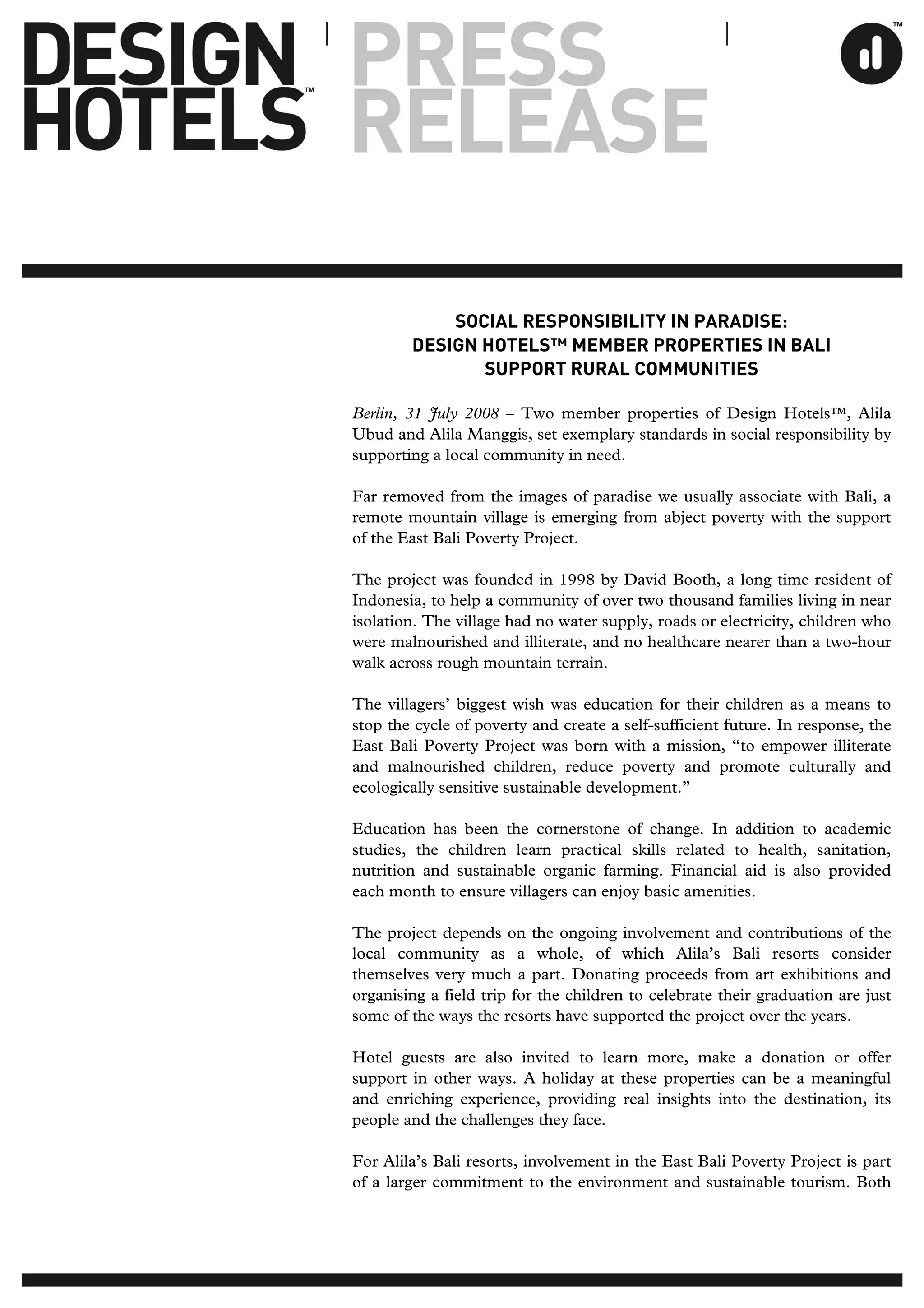 DESIGN HOTELS™ - PRESS RELEASES 2008: SOCIAL RESPONSIBILITY IN PARADISE ...