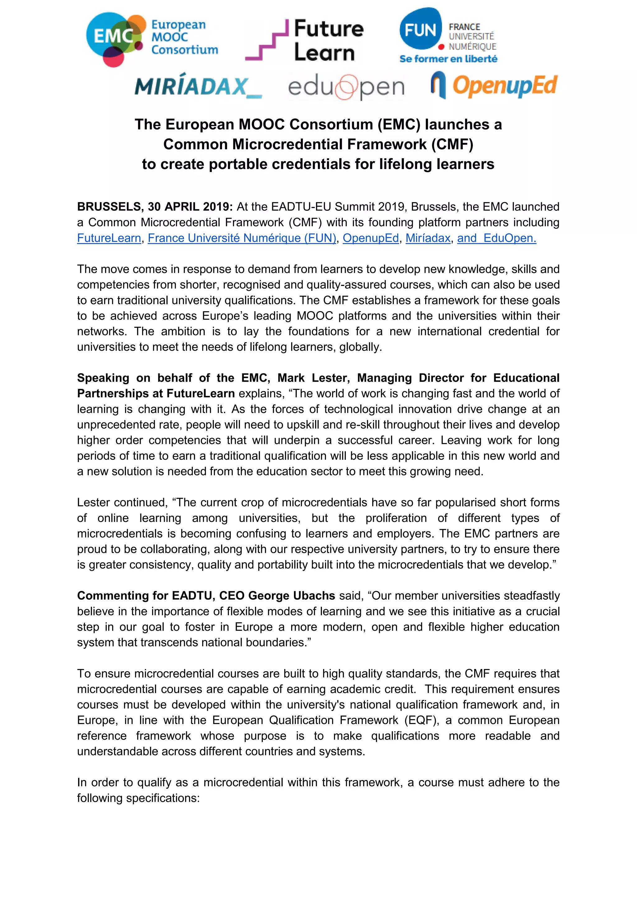 The European MOOC Consortium (EMC) launches a Common Microcredential ...