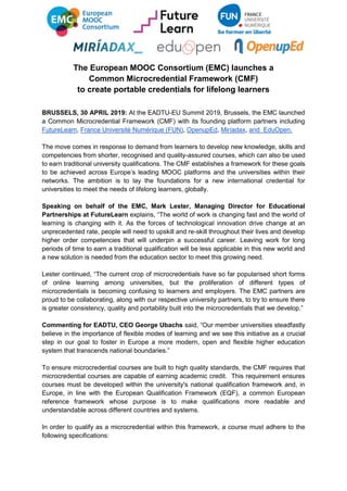 The European MOOC Consortium (EMC) launches a Common Microcredential Framework (CMF) | PDF ...