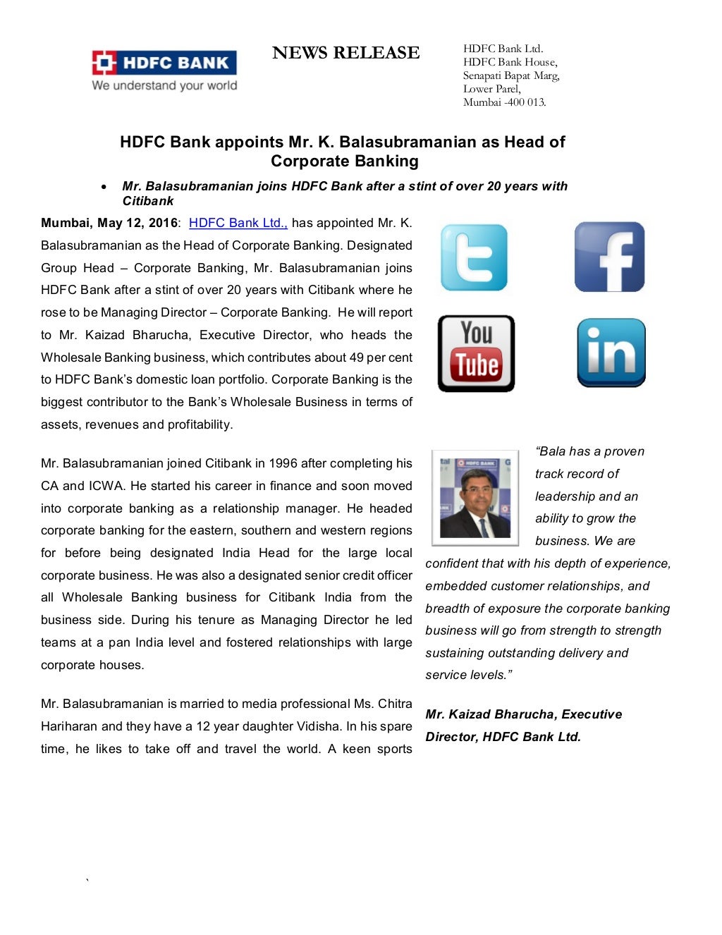 HDFC Bank appoints Mr. K. Balasubramanian as Head of Corporate Banking