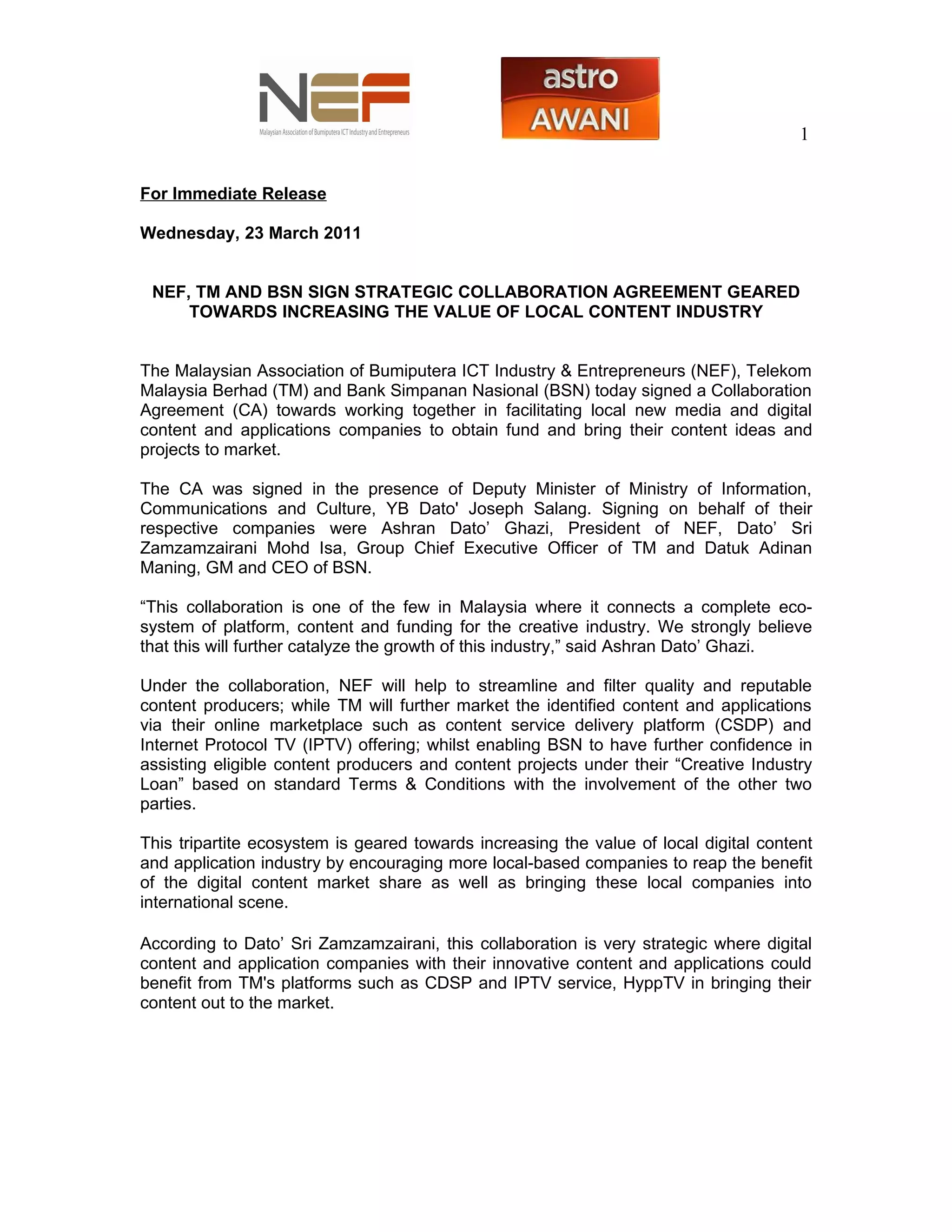 Press Release NMDCEP 23 March 2011 | DOC