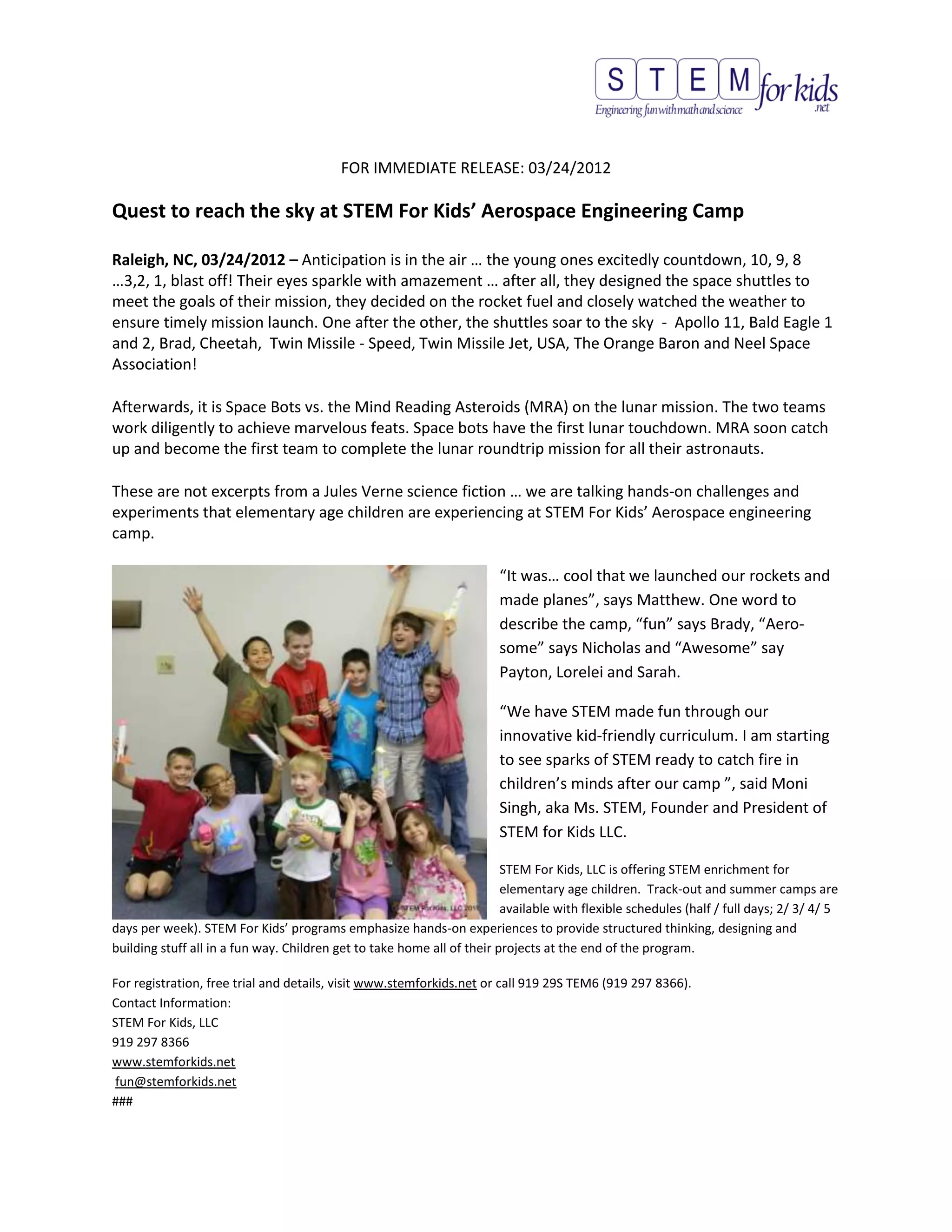 Quest To Reach The Sky At Stem For Kids’ Aerospace Engineering Camp | PDF