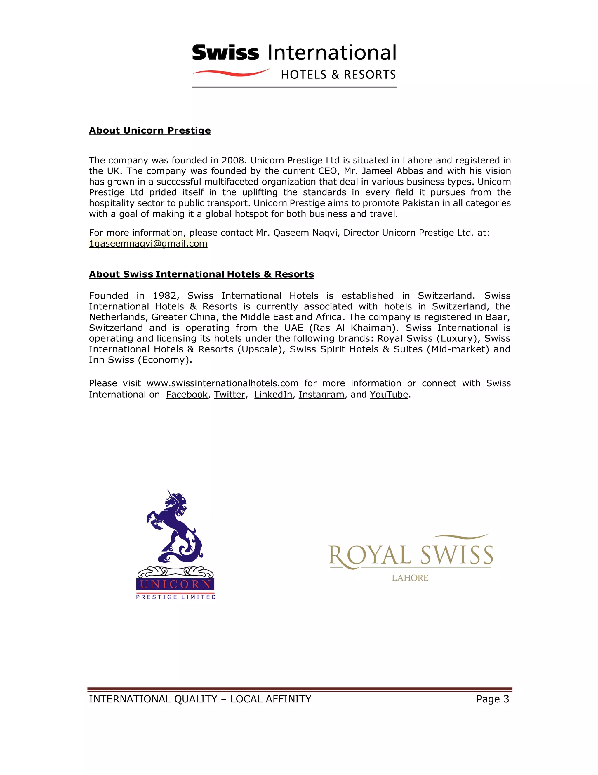 Swiss International enters Pakistan following the signing of the Royal ...