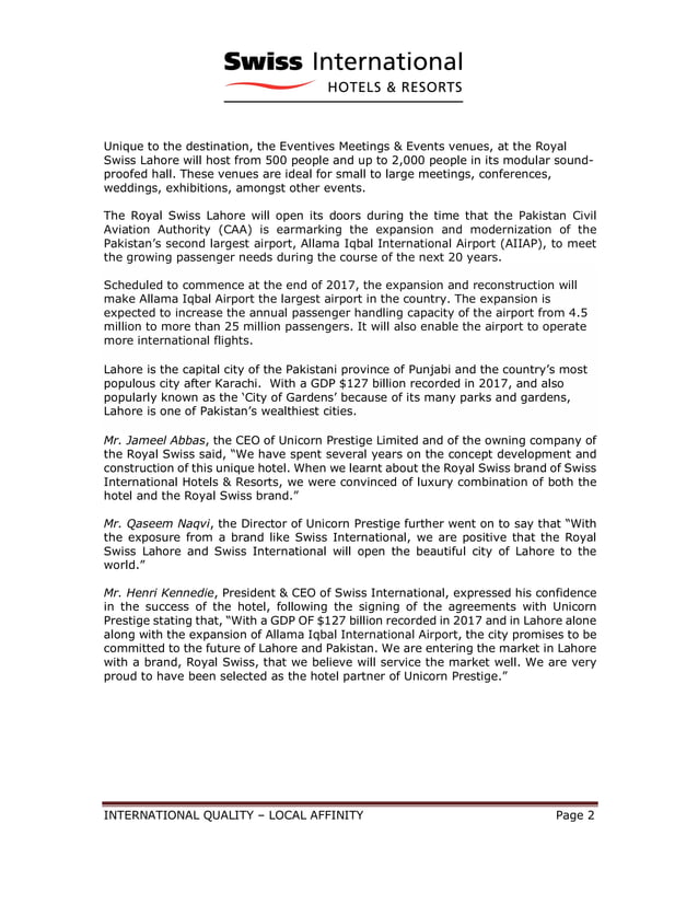 Swiss International enters Pakistan following the signing of the Royal ...