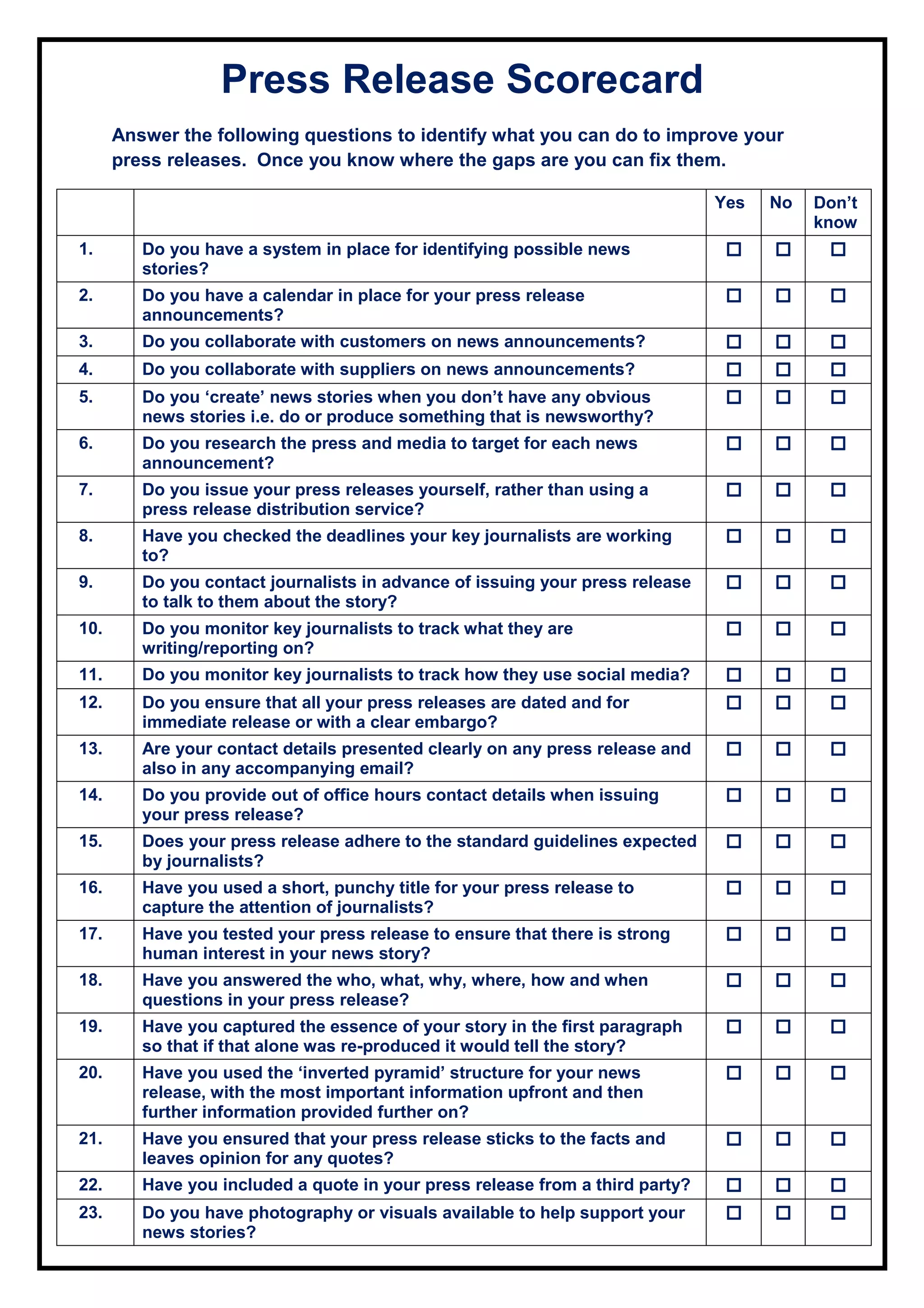 Press release scorecard | PPT