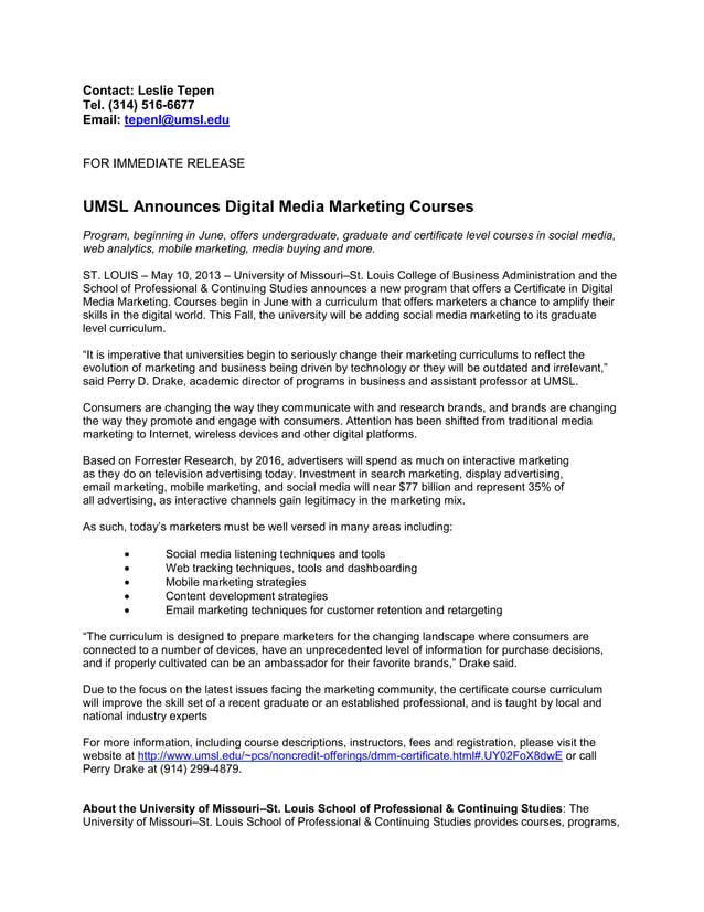 UMSL Announces Digital Media Marketing Courses | PDF