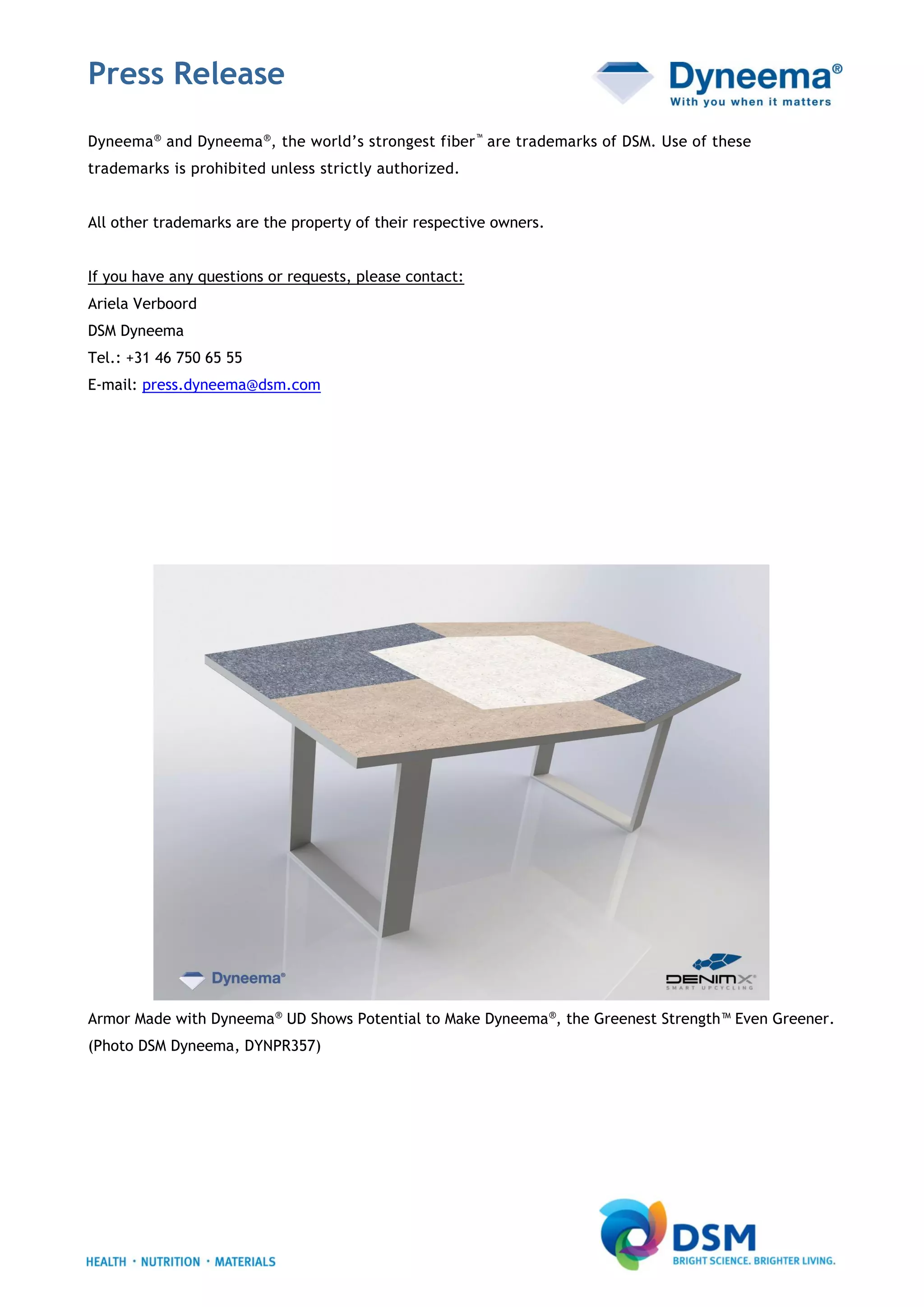 Press release upcycling Dyneema UD and Denimx | PDF