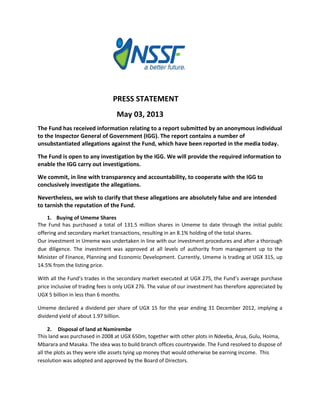 PRESS STATEMENT: NSSF's Response To Press Reports on IGG Investigation ...