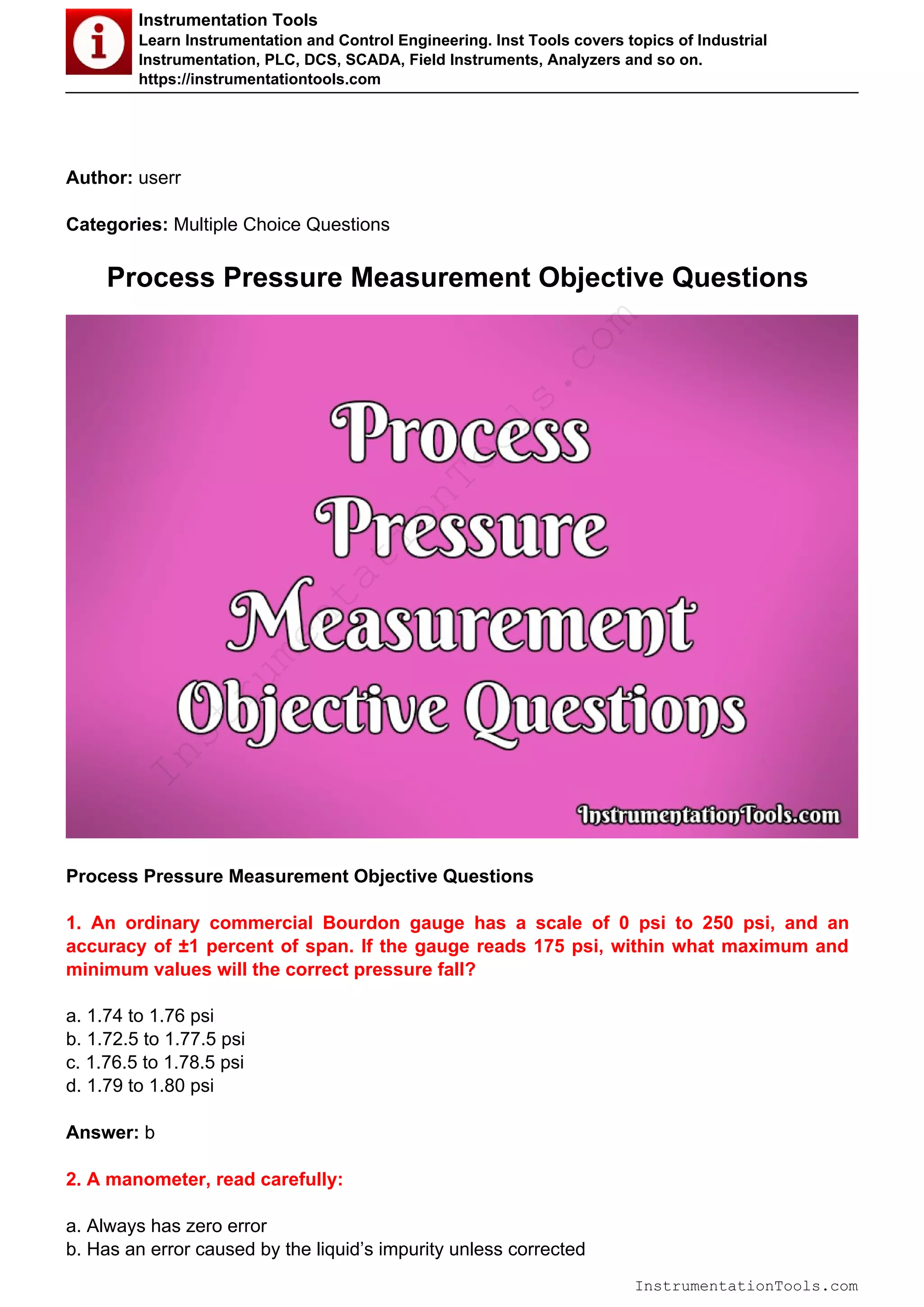 Pressure measurement MCQ | PDF