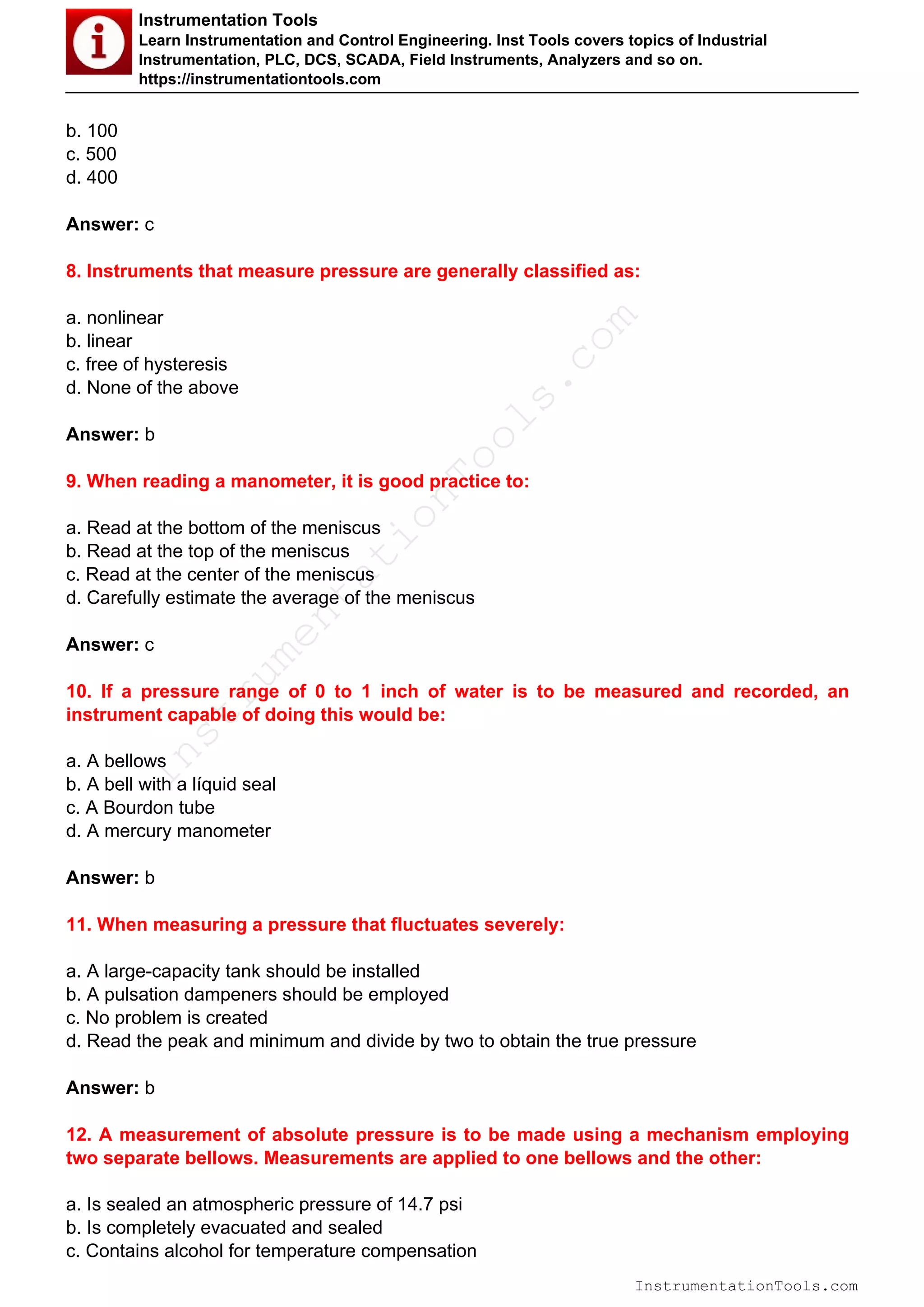 Pressure measurement MCQ | PDF