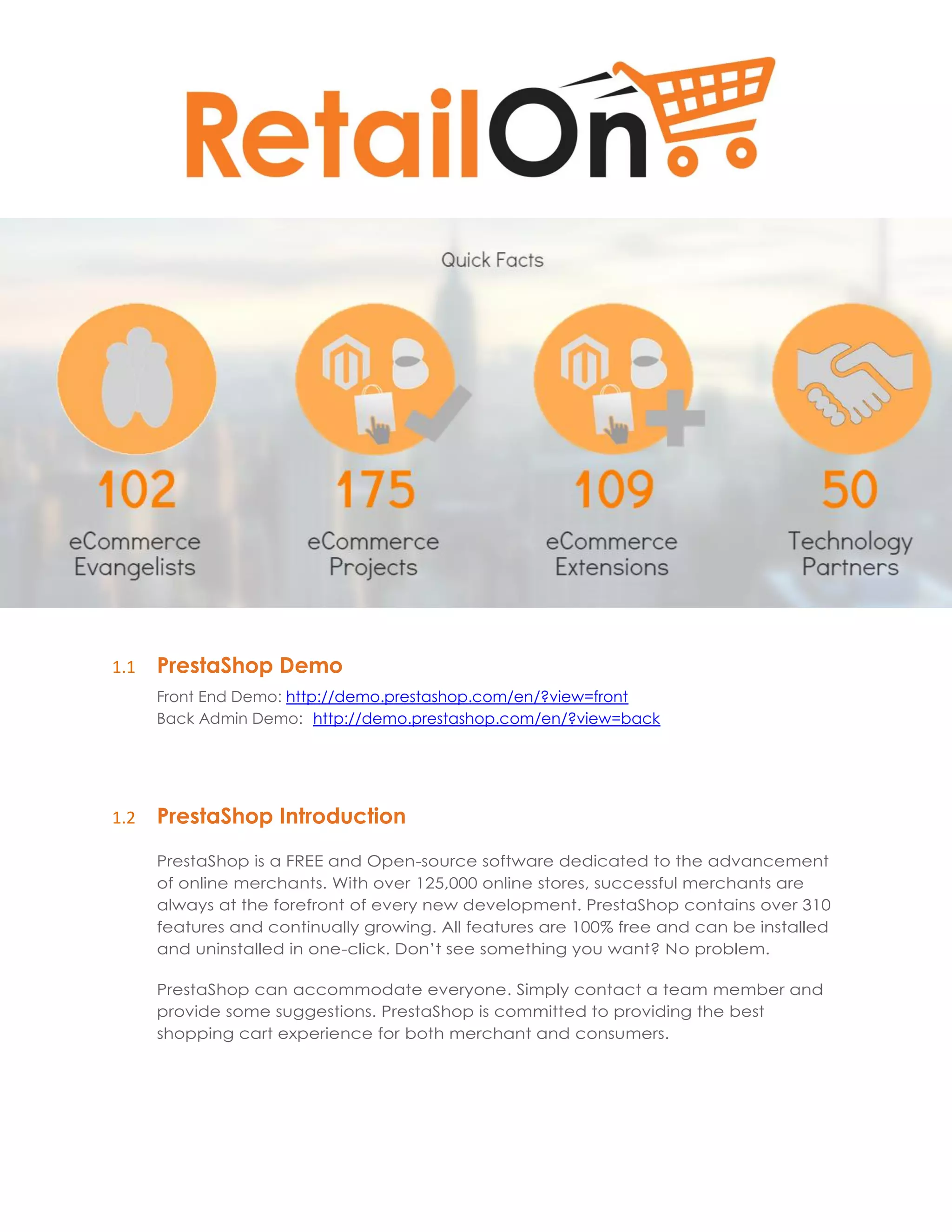 PrestaShop features, demo and RetailOn extensions | PDF