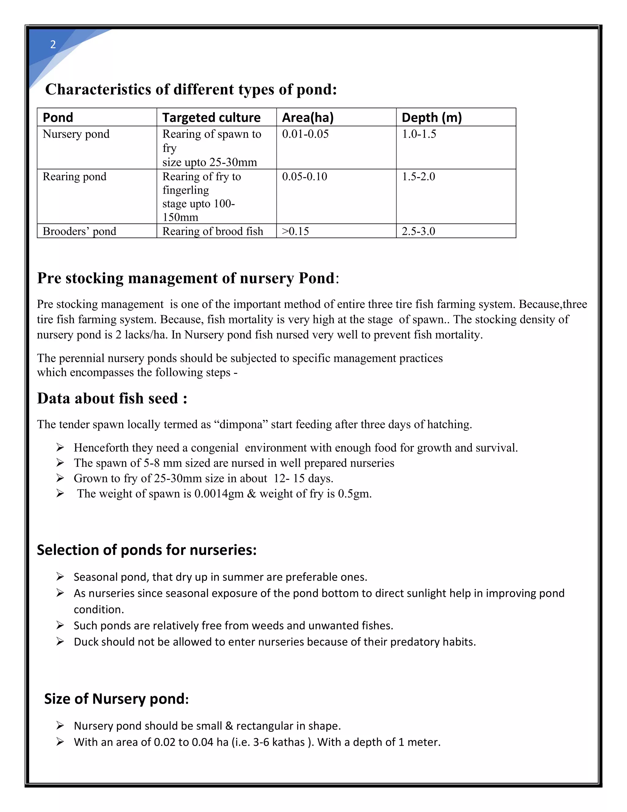 Pre stocking management of nursery pond | PDF