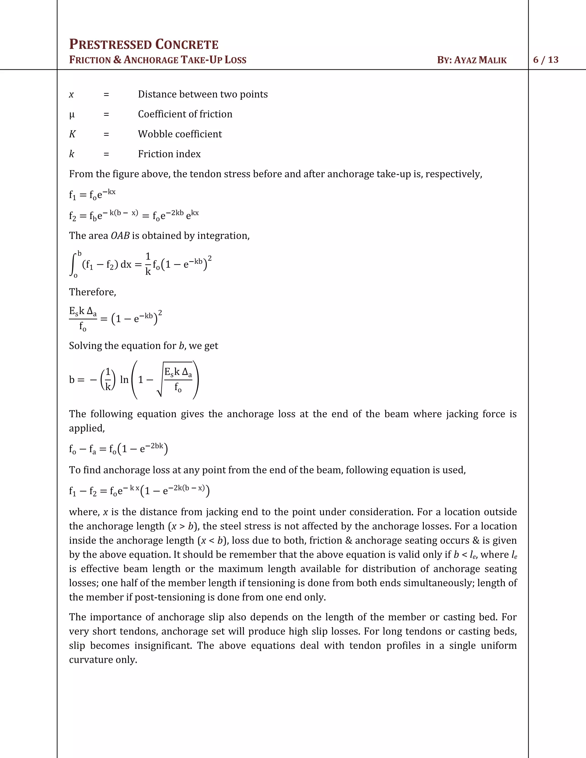 Prestress loss due to friction & anchorage take up | PDF