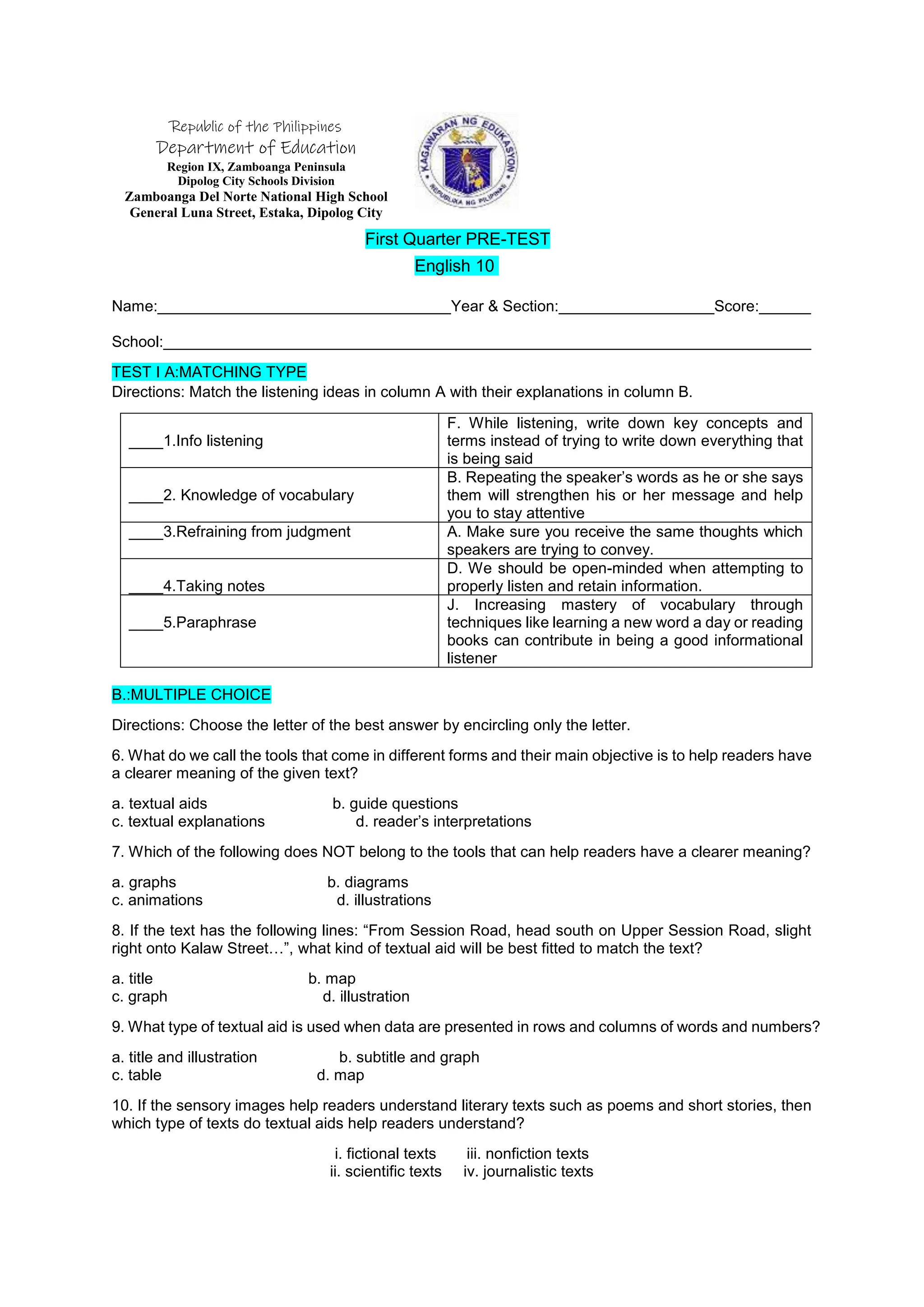 PRETEST-GRADE-10 ENGLISH DEPARTNENT OF EDUCATION | DOCX