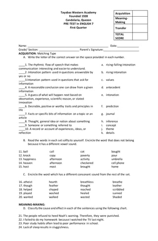 Pretest q1 2015-2016 | PDF | Free Download