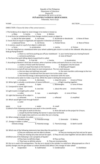pre test science 8.docx | Chemistry | Science