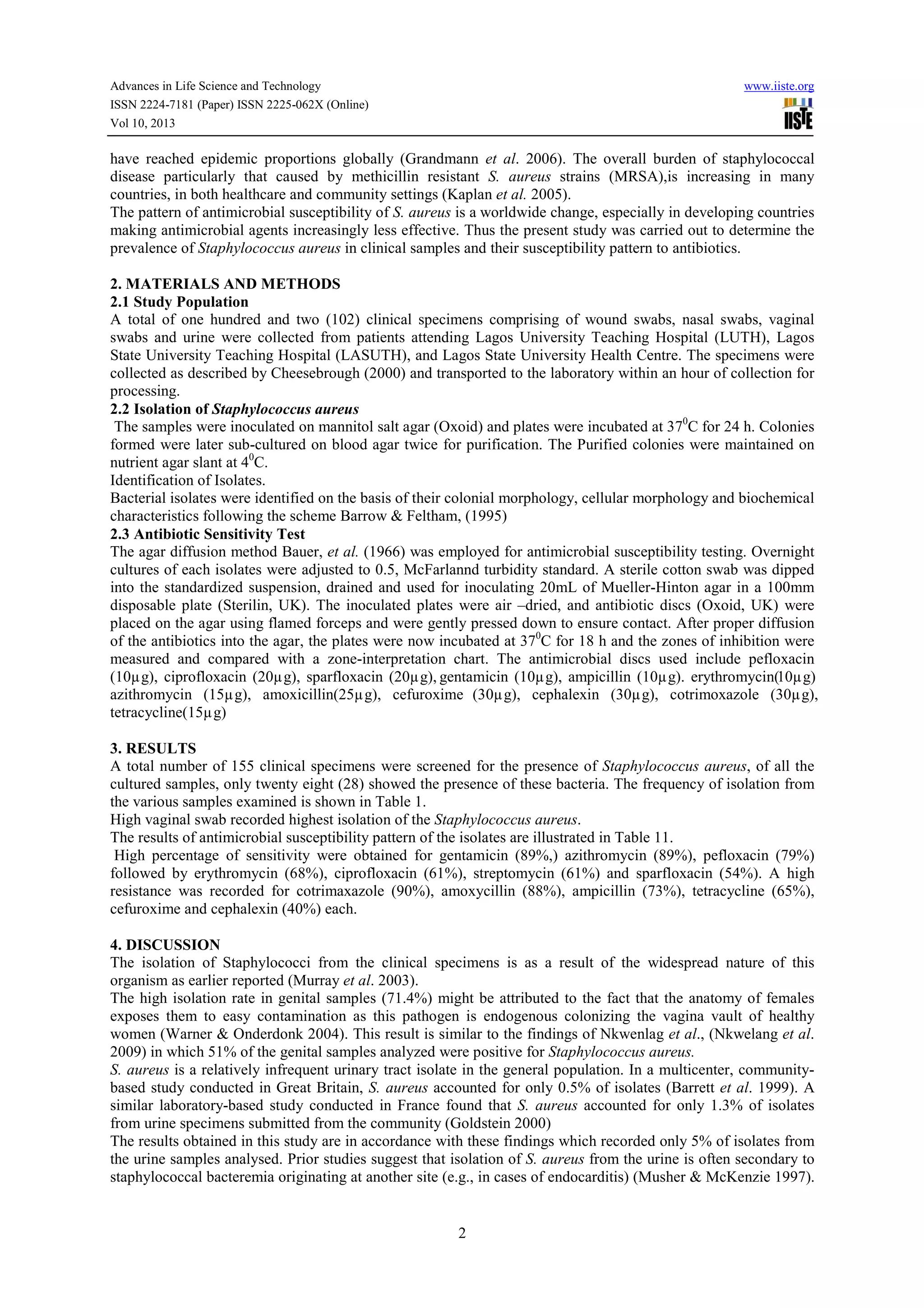 Prevalence and antibiotic susceptibility pattern of staphylococcus aureus in clinical specimens ...