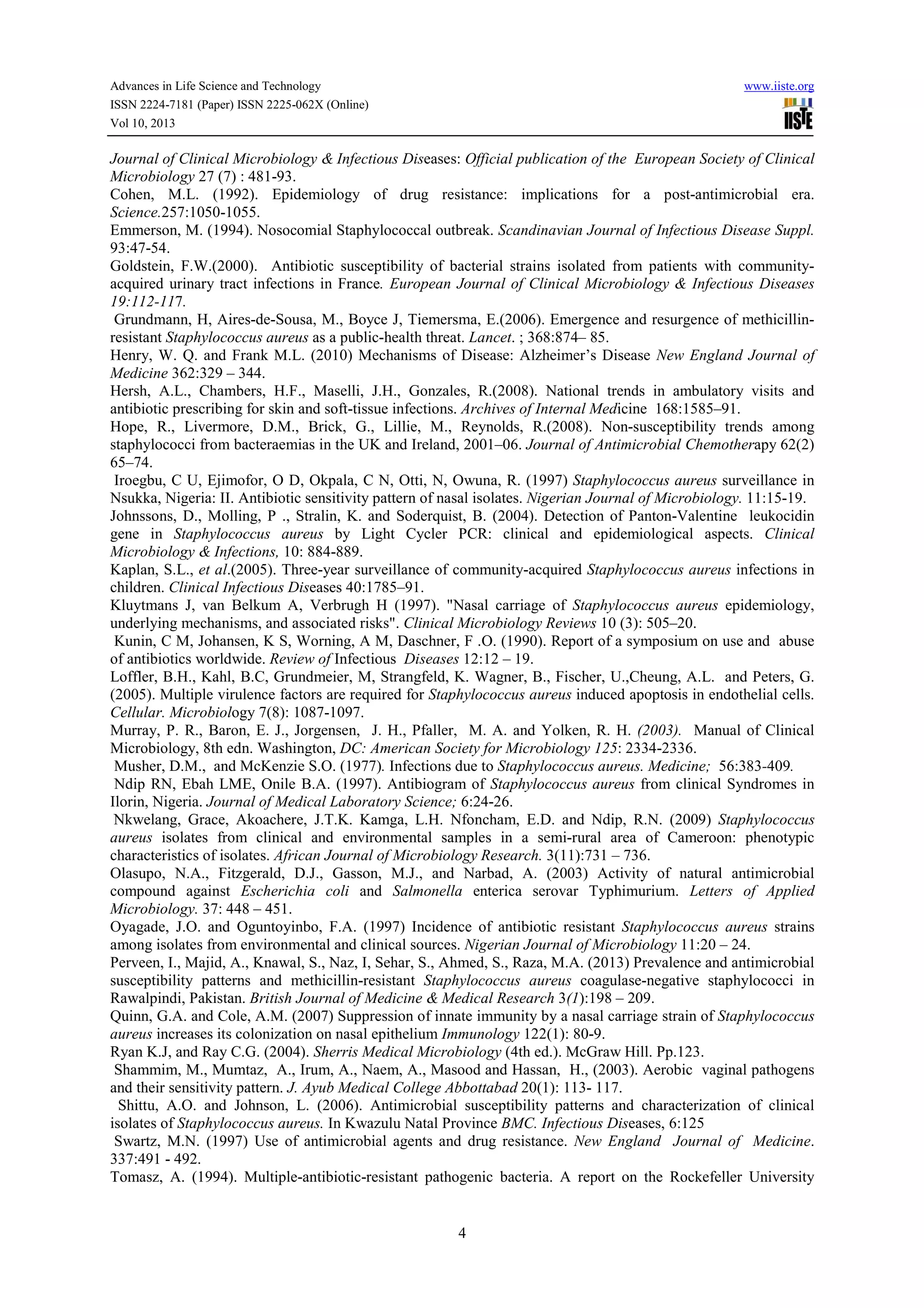 Prevalence and antibiotic susceptibility pattern of staphylococcus aureus in clinical specimens ...