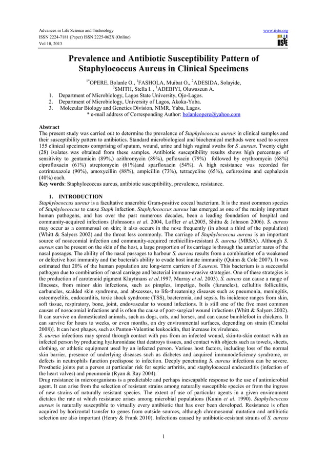 Prevalence and antibiotic susceptibility pattern of staphylococcus aureus in clinical specimens ...