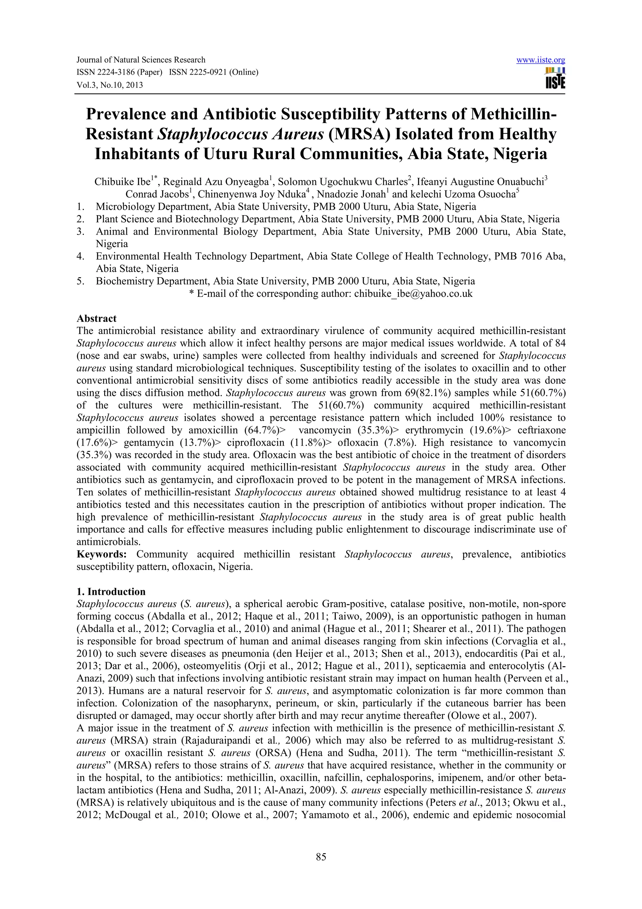 Prevalence and antibiotic susceptibility patterns of methicillin resistant staphylococcus aureus ...