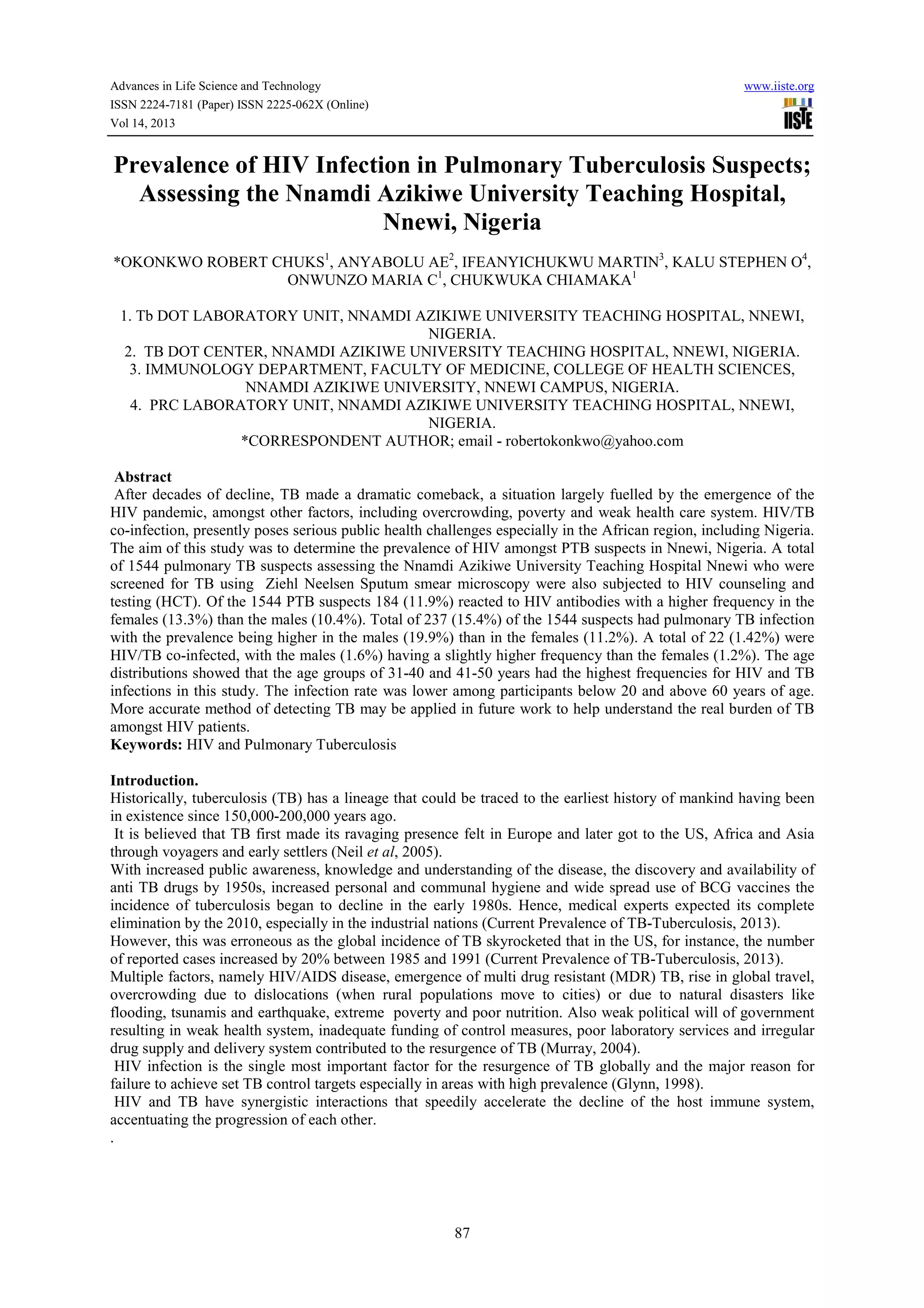 Prevalence of hiv infection in pulmonary tuberculosis suspects; | PDF | Infectious Diseases ...