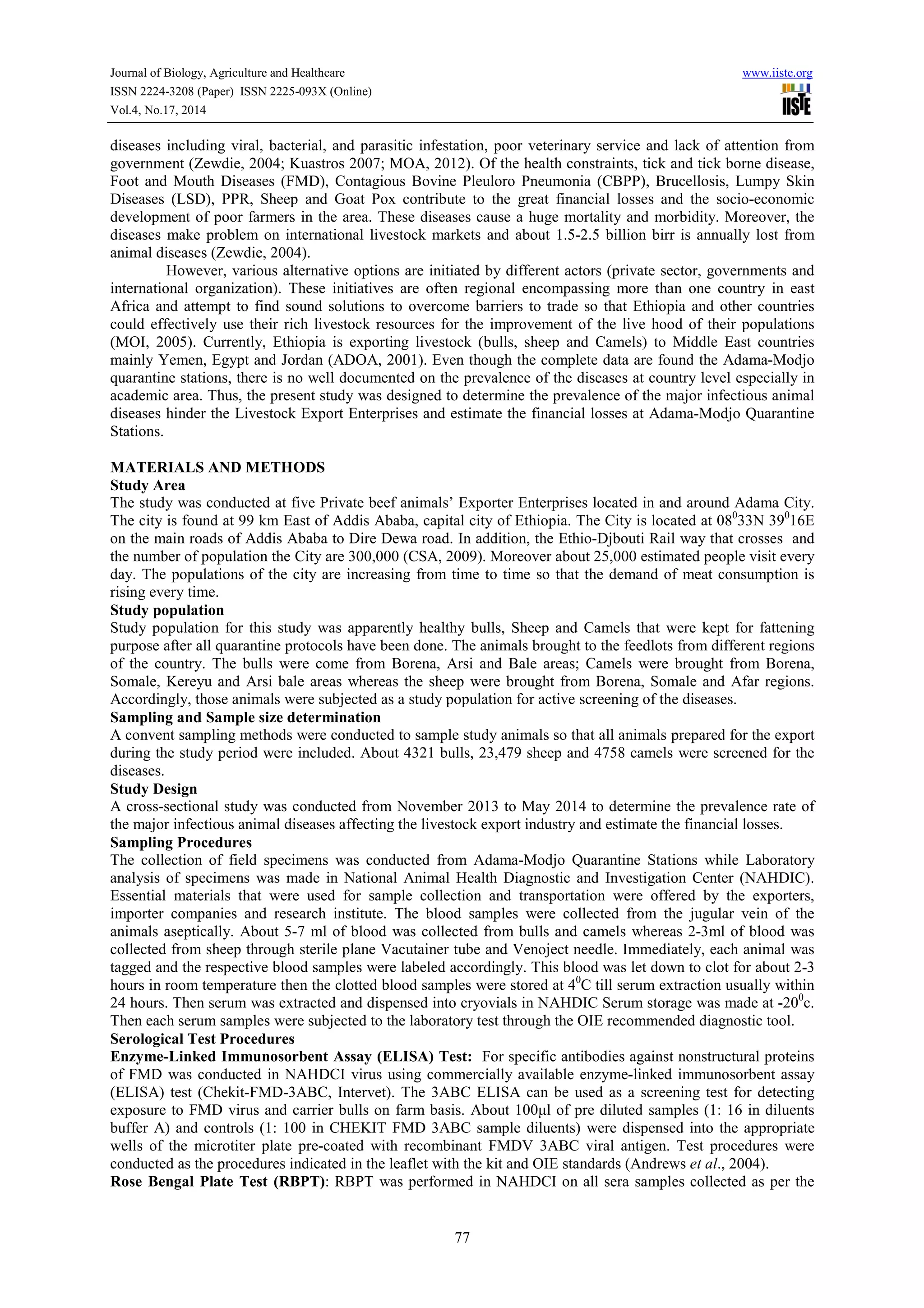 Prevalence of the major infectious animal diseases affecting livestock ...