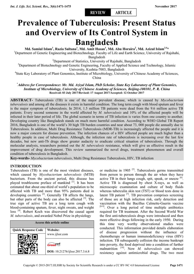 Prevalence of Tuberculosis: Present Status and Overview of Its Control ...