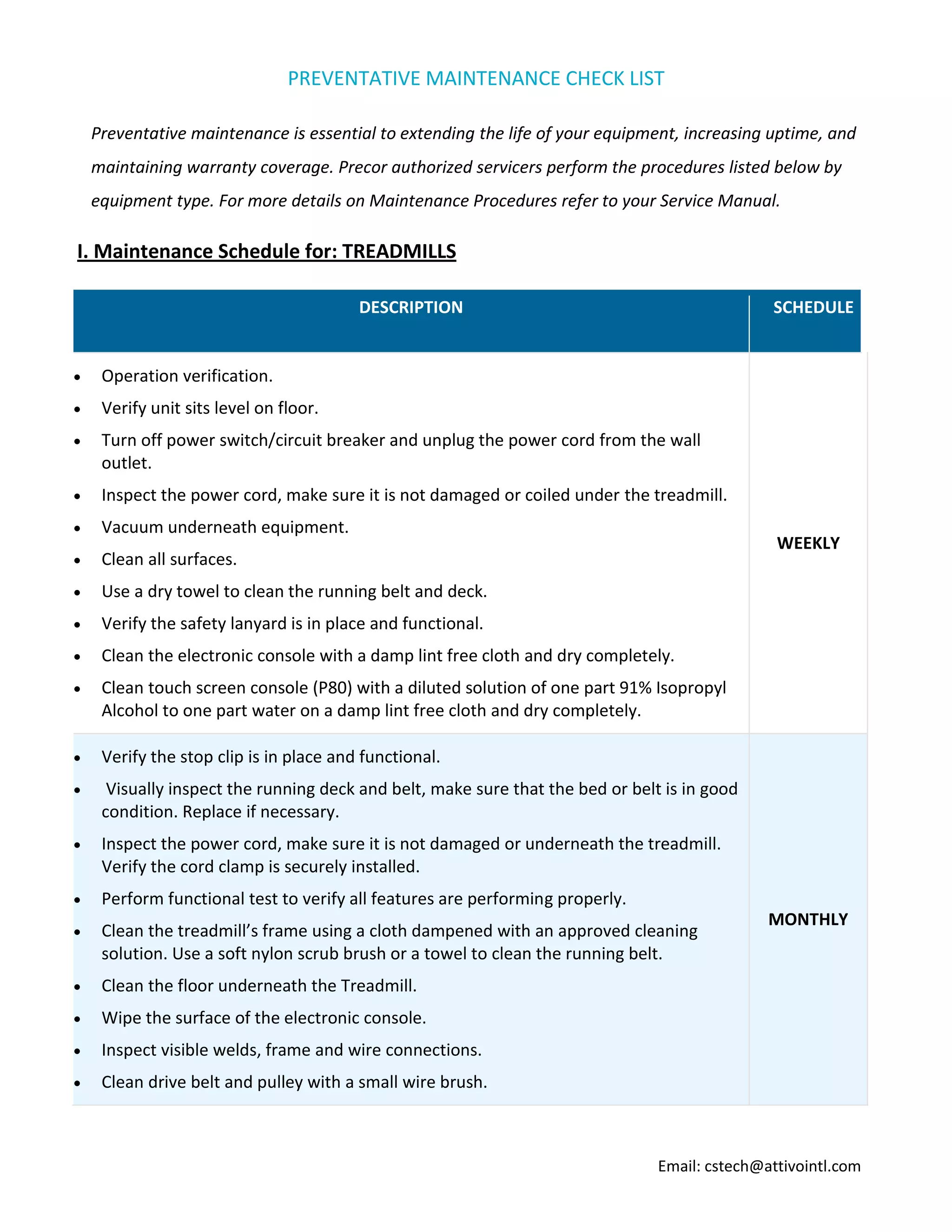 Preventative maintenance fitness equipment ATTIVO | PDF