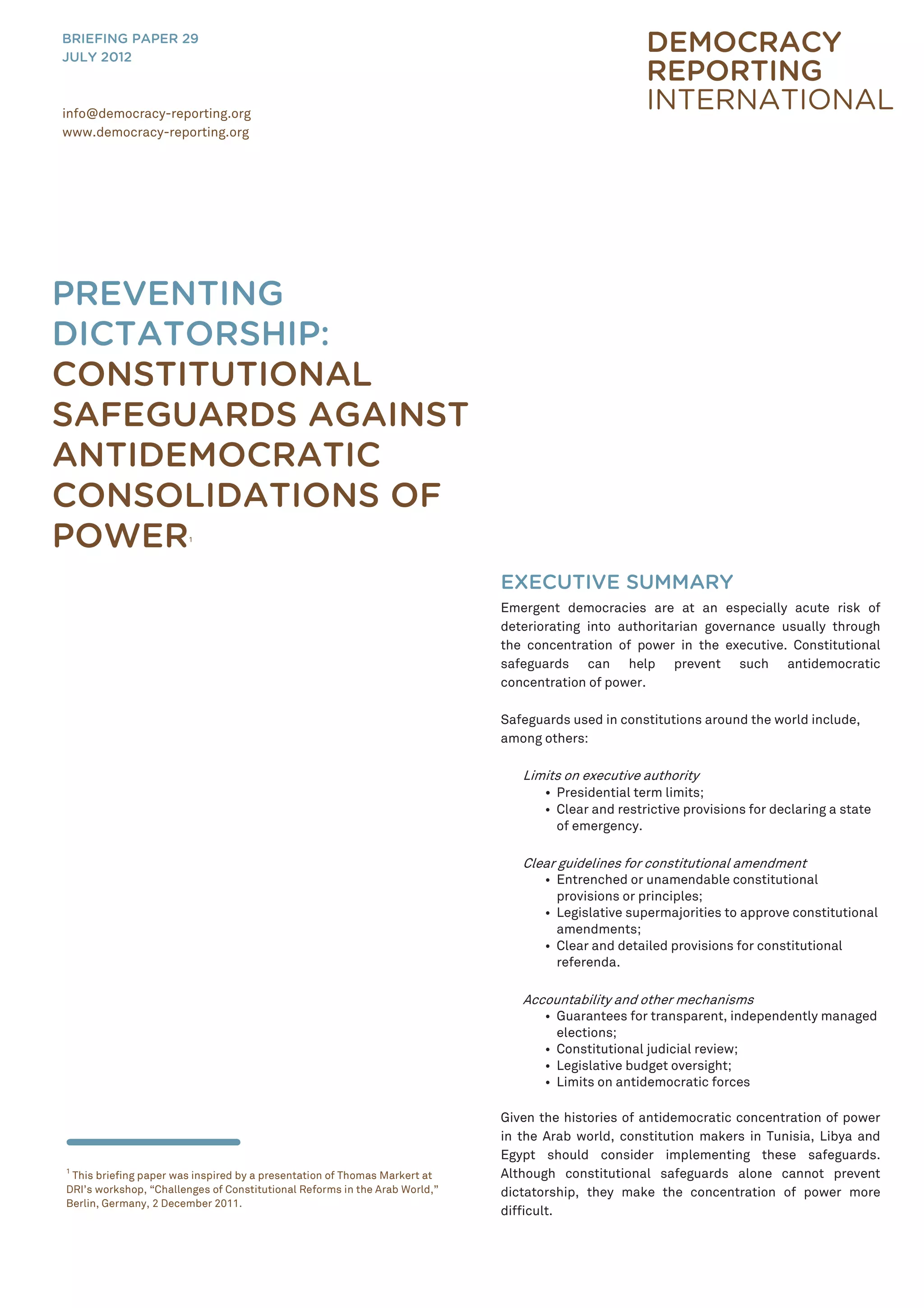 Preventing Dictatorship: Constitutional Safeguards Against ...