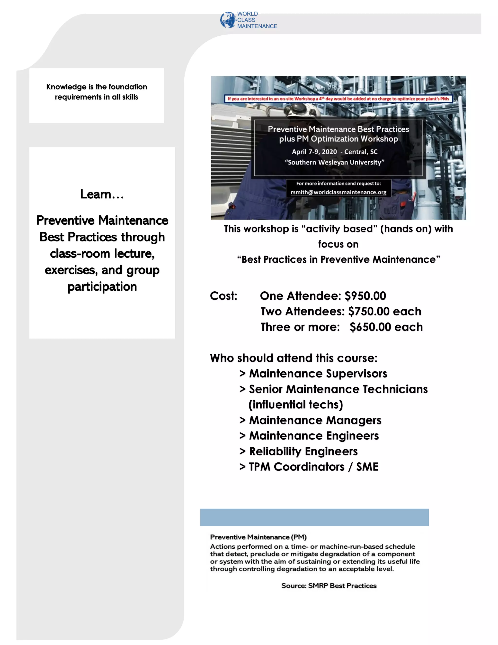 Preventive Maintenance Best Practices workshop Brochure | PDF