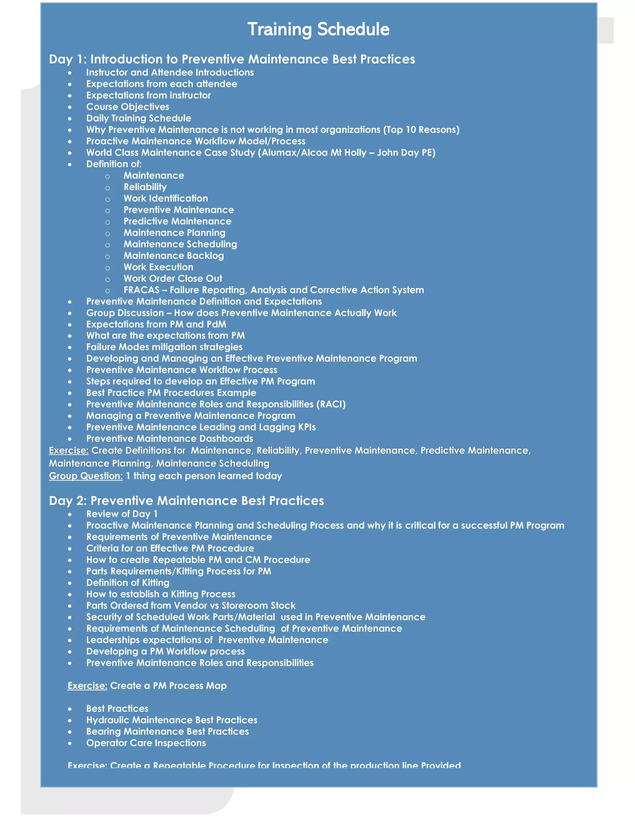 Preventive Maintenance Best Practices workshop Brochure | PDF