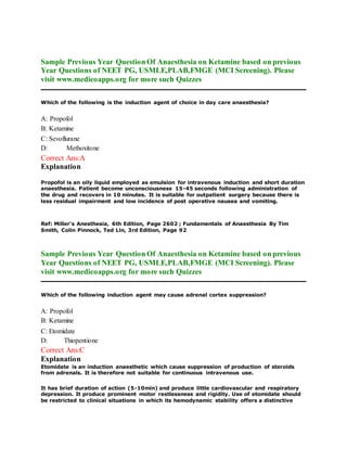 Previous year question on ketamine based on neet pg, usmle, plab and ...