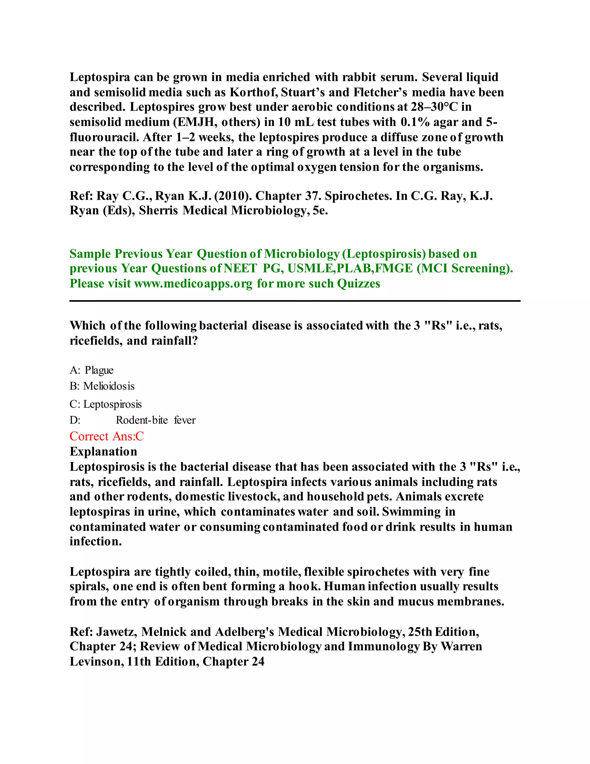 Previous year question on leptospirosis based on neet pg, usmle, plab ...