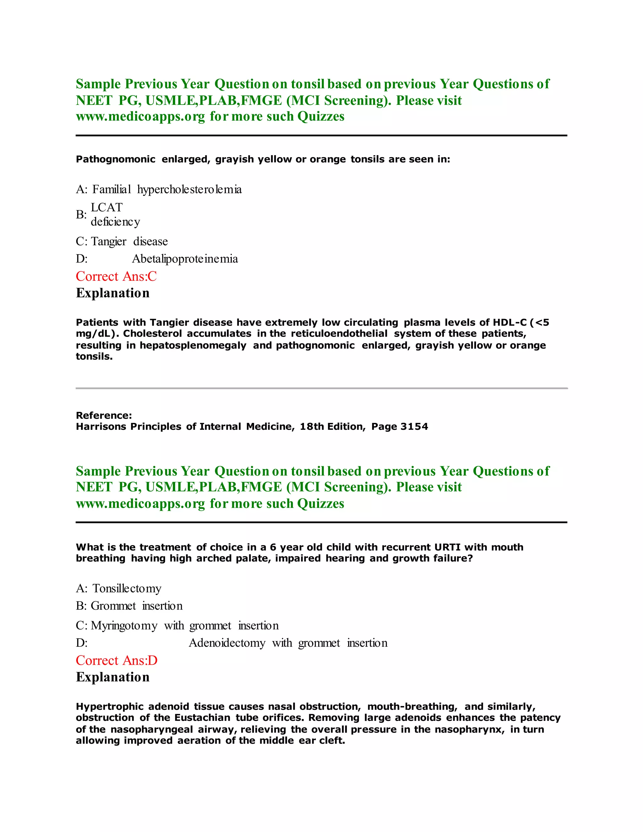 Previous year question on tonsils based on neet pg, usmle, plab and ...