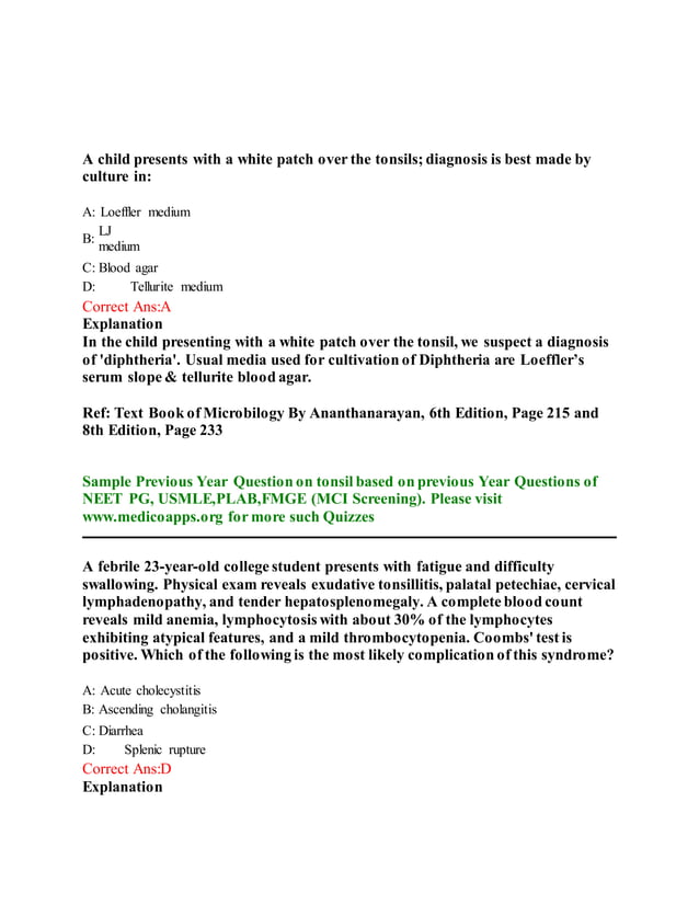 Previous year question on tonsils based on neet pg, usmle, plab and ...