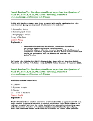 Previous year question on tonsils based on neet pg, usmle, plab and ...