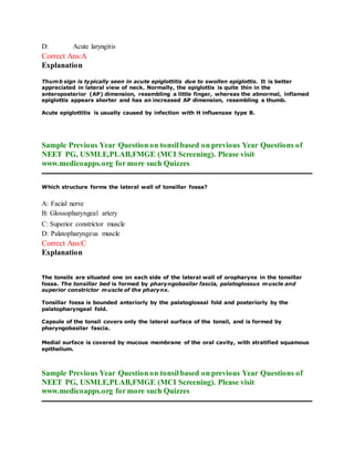 Previous year question on tonsils based on neet pg, usmle, plab and ...