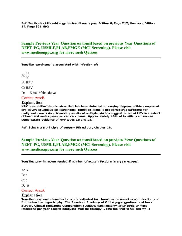 Previous year question on tonsils based on neet pg, usmle, plab and ...
