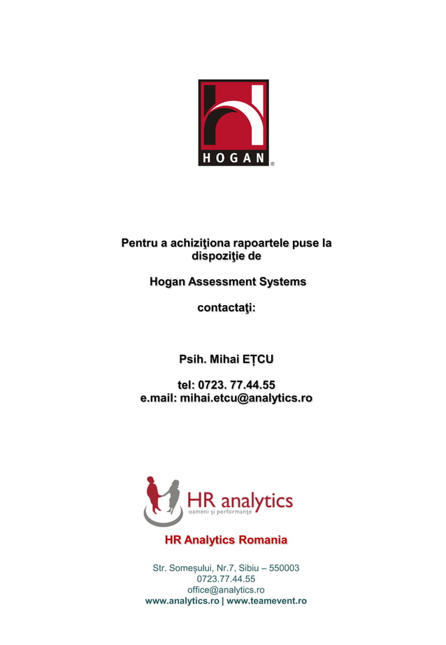 Prezentare Solutii De Evaluare HOGAN ASSESSMENT SYSTEM - HR Analytics | PDF