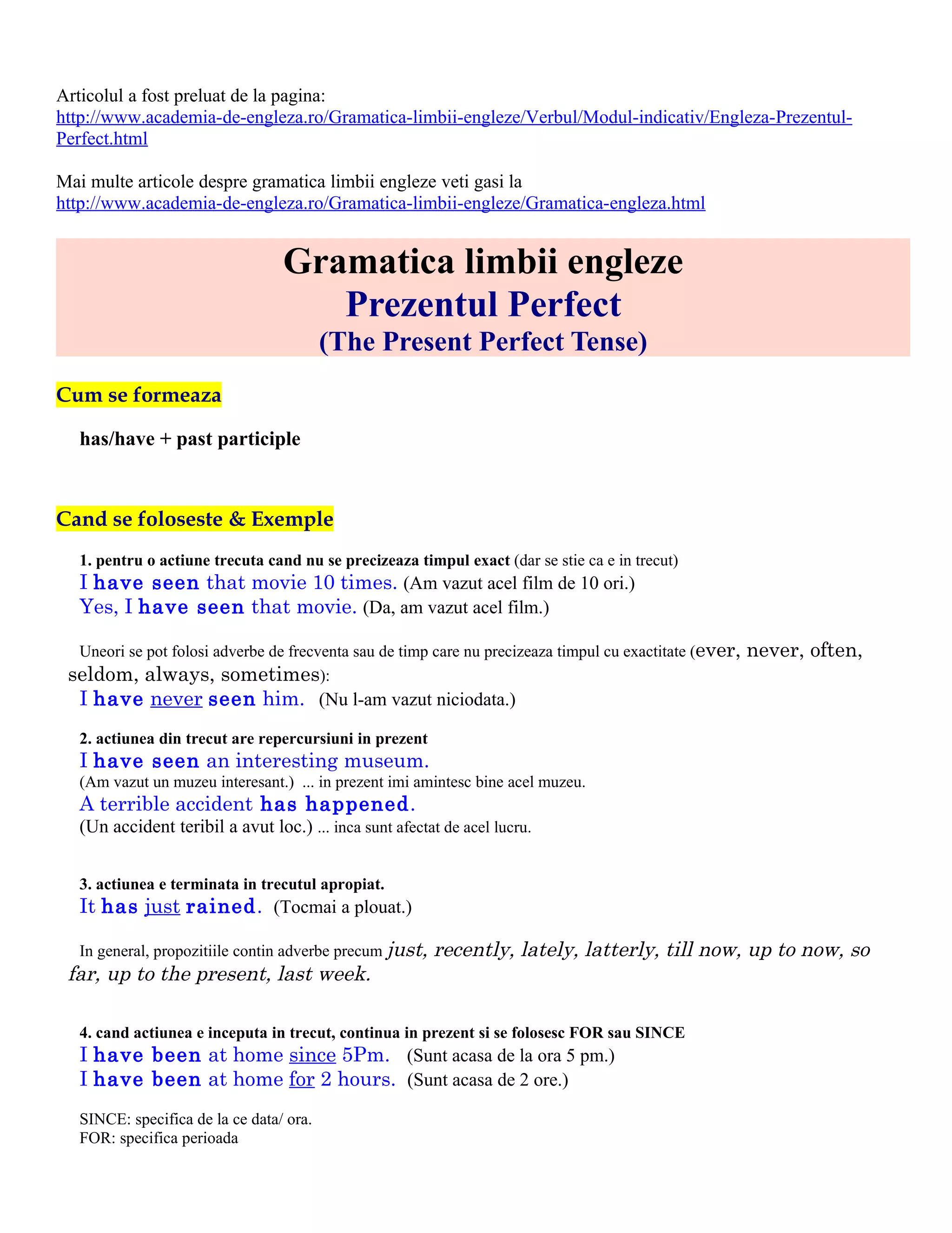 Prezentul perfect in engleza | DOC