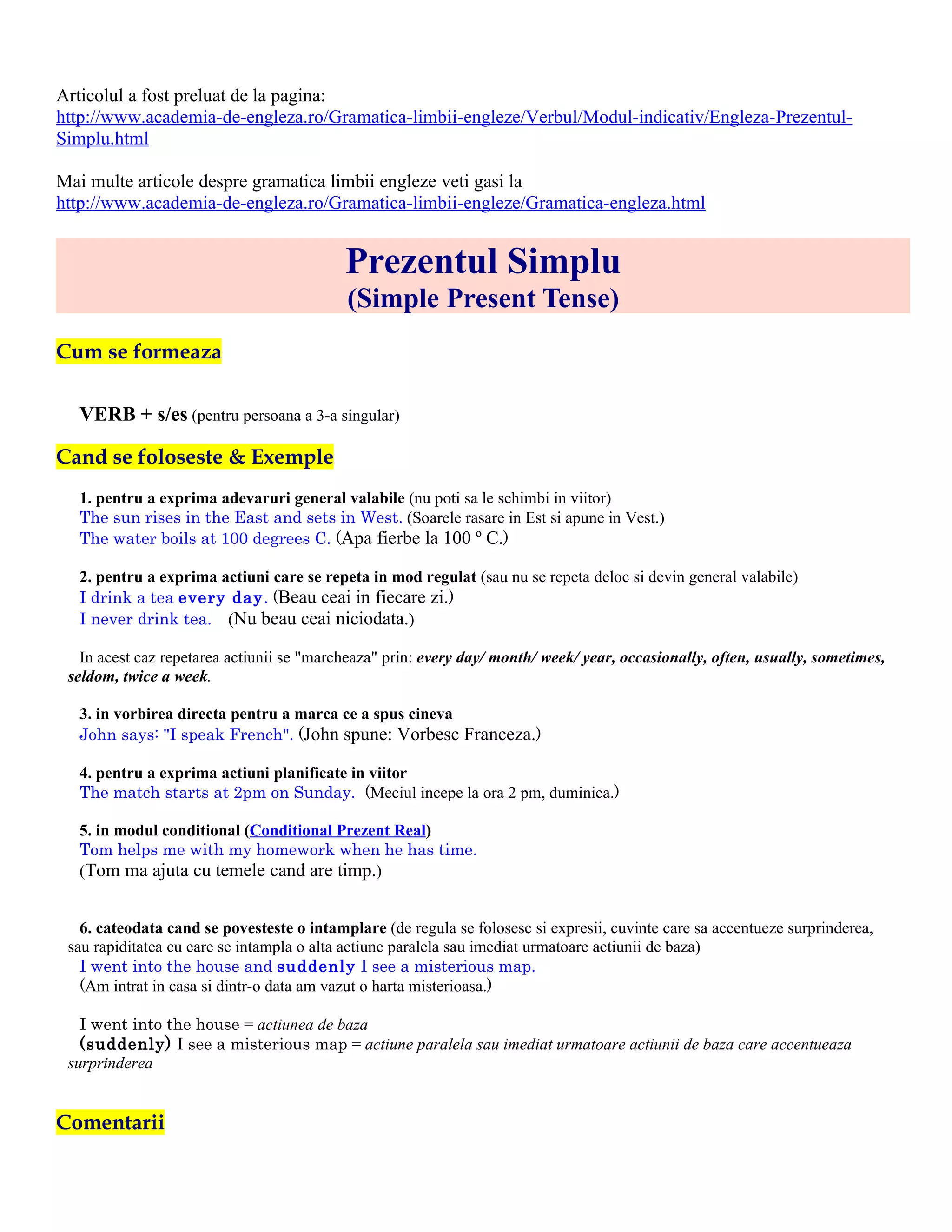 Prezentul simplu in engleza | DOC