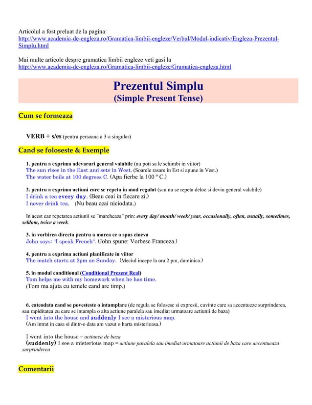 Prezentul simplu in engleza | PDF