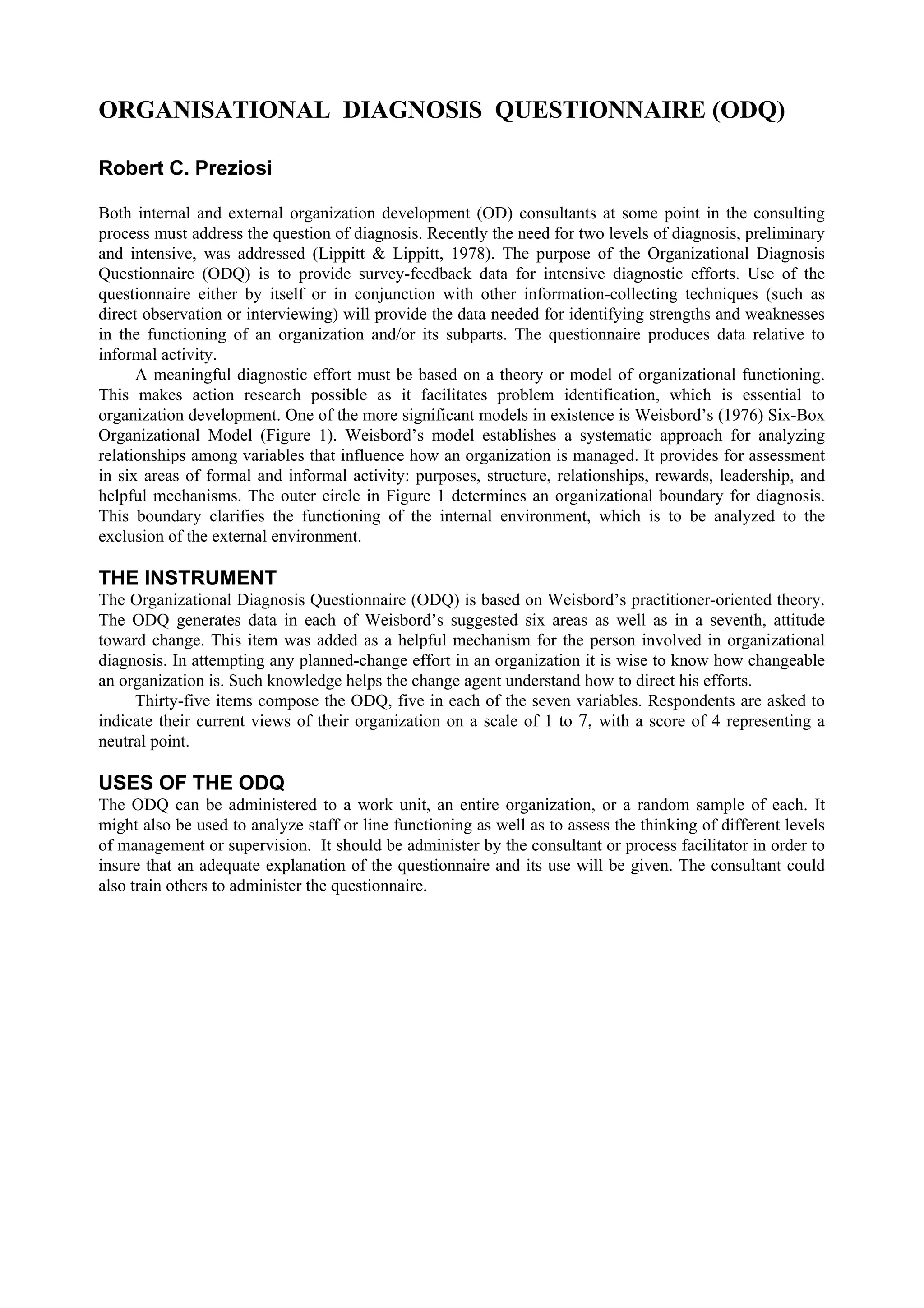 Organizational Diagnosis Questionnaire (ODQ) | PDF